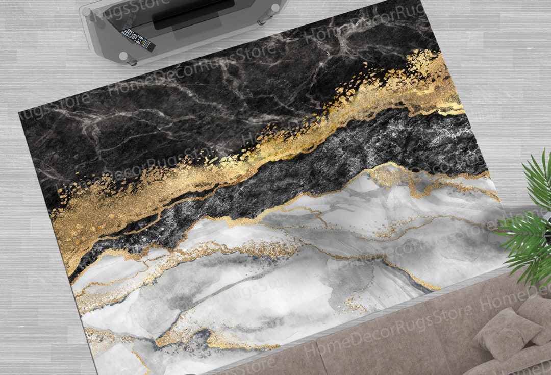 Black Marble Rug, Entry Rugs, Black and Gold Marble Rug, Shimmery Rug ...
