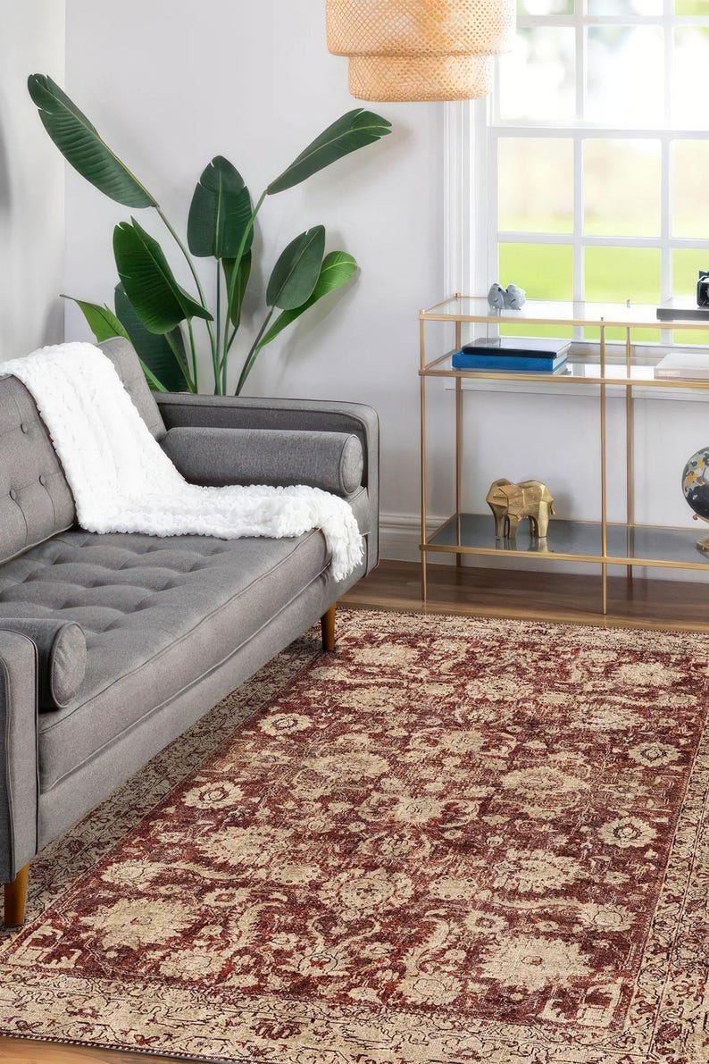 Burgundy Cream Digital Print Rug, Vintage Oriental Floral Floor Mat 5x8 ...