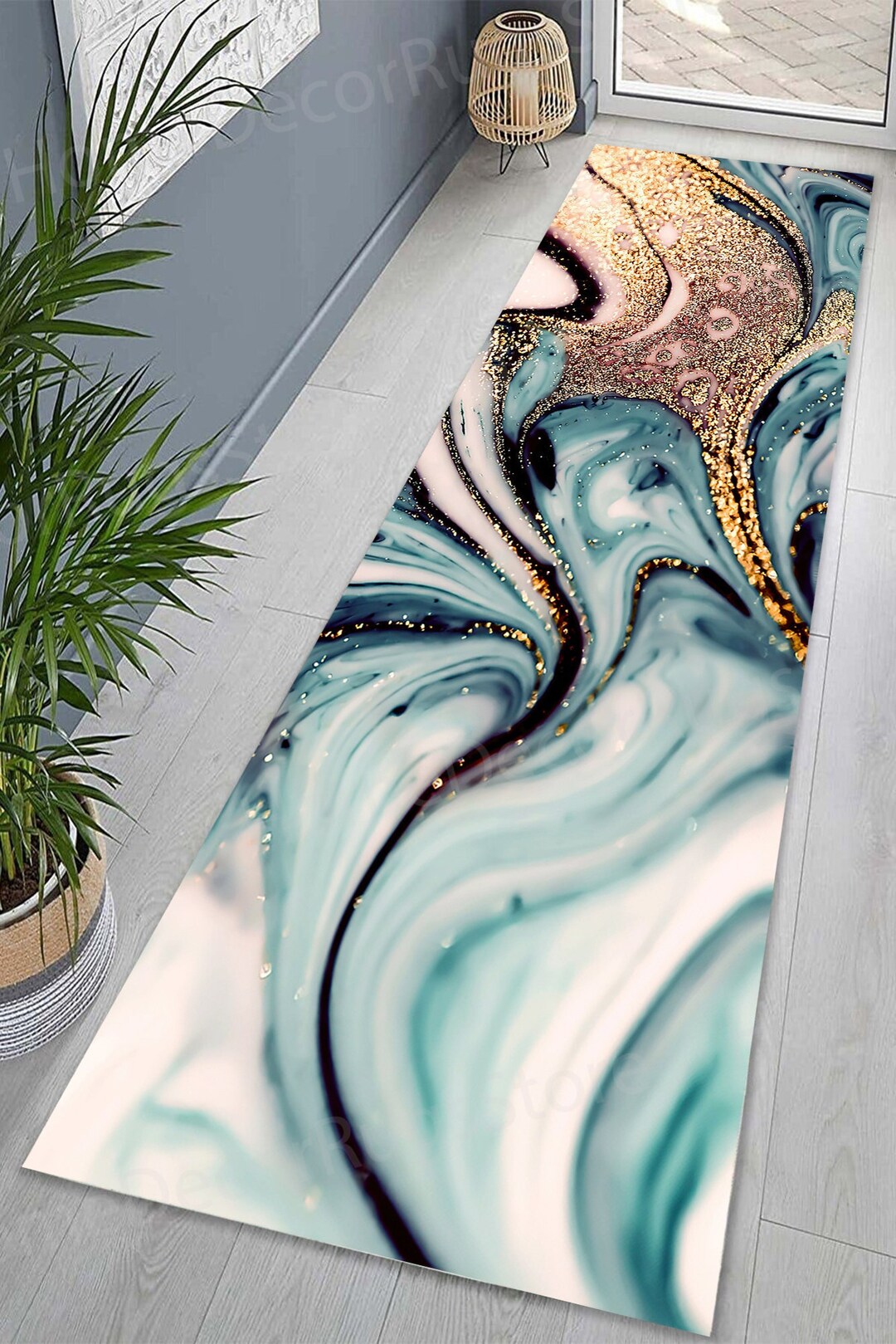 Luxury Marble Rugs, Blue and Gold Marble Rugs, Housewarming Gift Rug ...