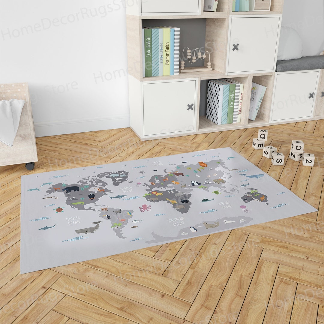 World Map With Animals Rugs, Area Rug, Front Door Rugs, Children Rugs ...