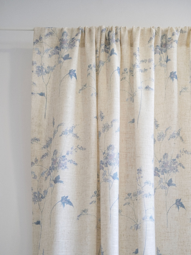 Bluma Print Linen Curtain, Print Floral Linen Drape, Semi Blackout ...