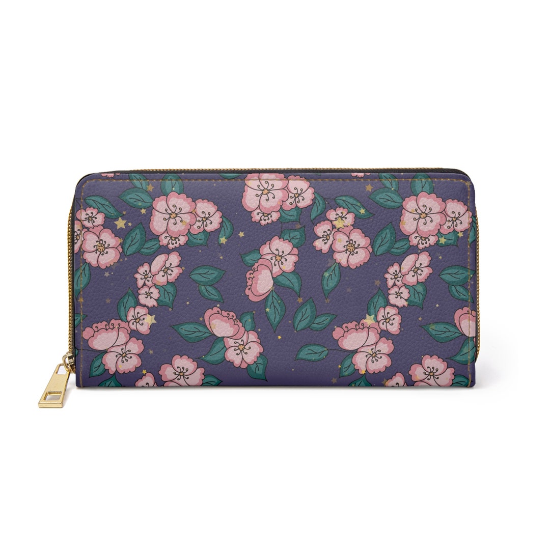 Pastel Pink Cherry Blossom on Deep Blue Zipper Wallet - Etsy