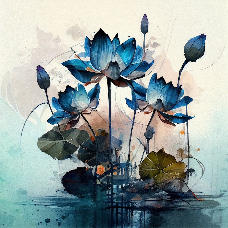 Blue Lotus Marsh Flower Art Print Botanical Watercolors Illustration ...