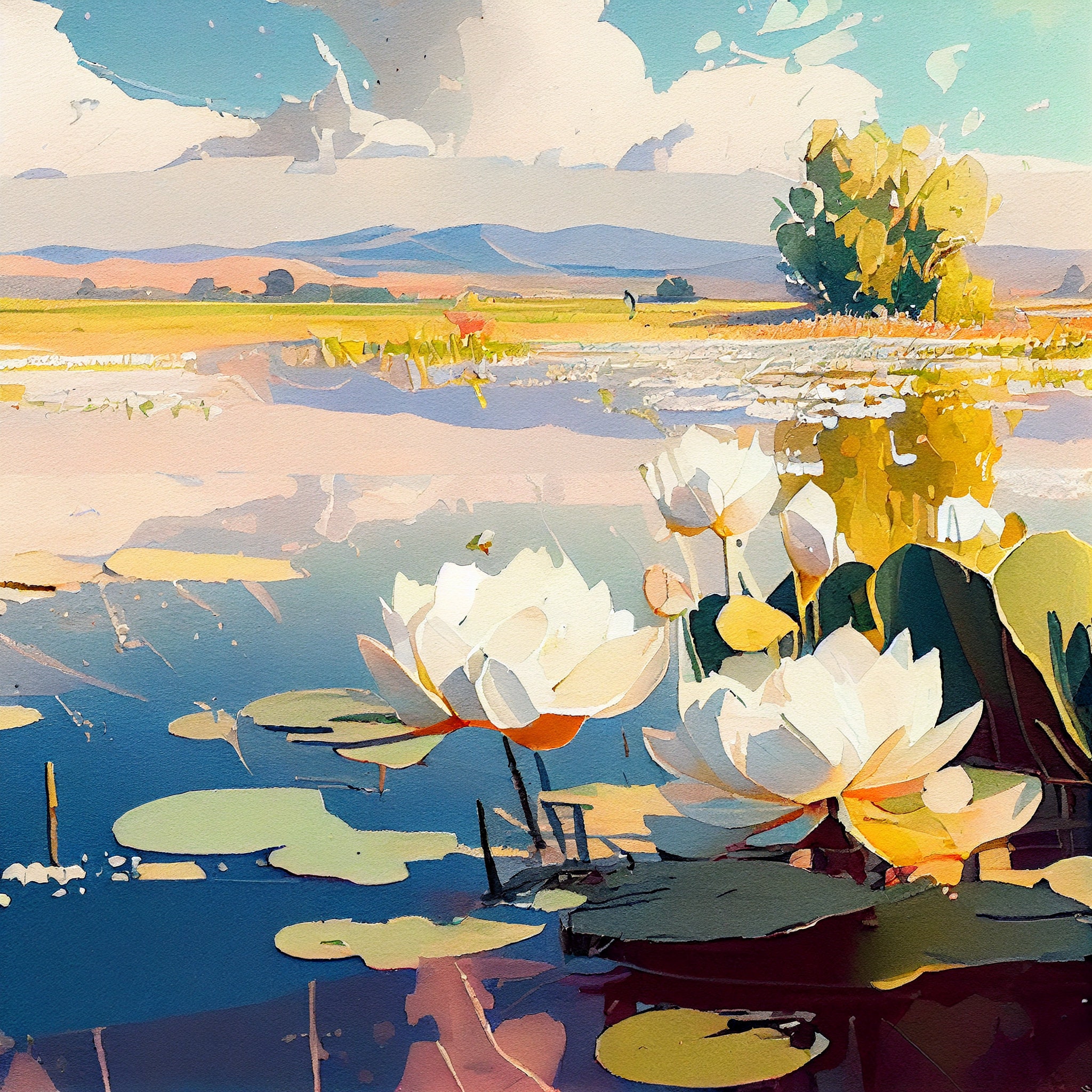White Lotus Marsh - Flower Art Print - Botanical Watercolors ...