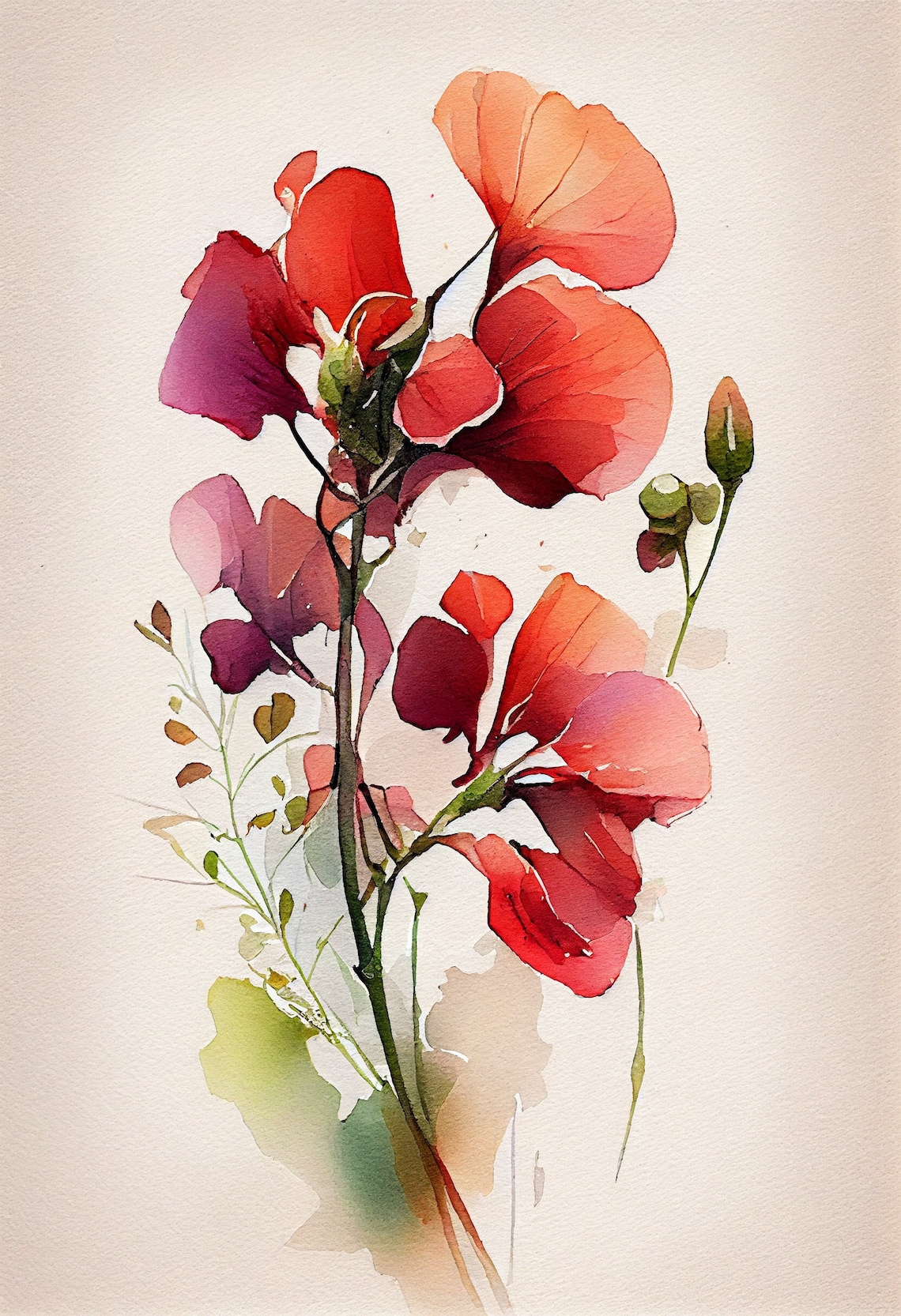 Red Sweet Pea - Flower Art Print - Botanical Watercolors Illustration ...