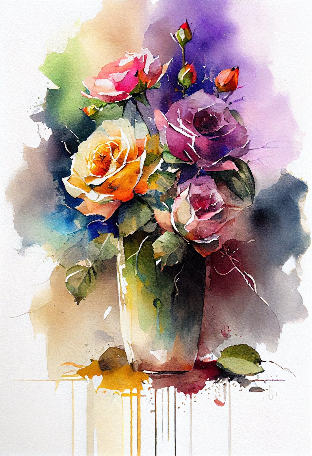 Multi Color Roses Bouquet - Flower Art Print - Botanical Watercolors ...