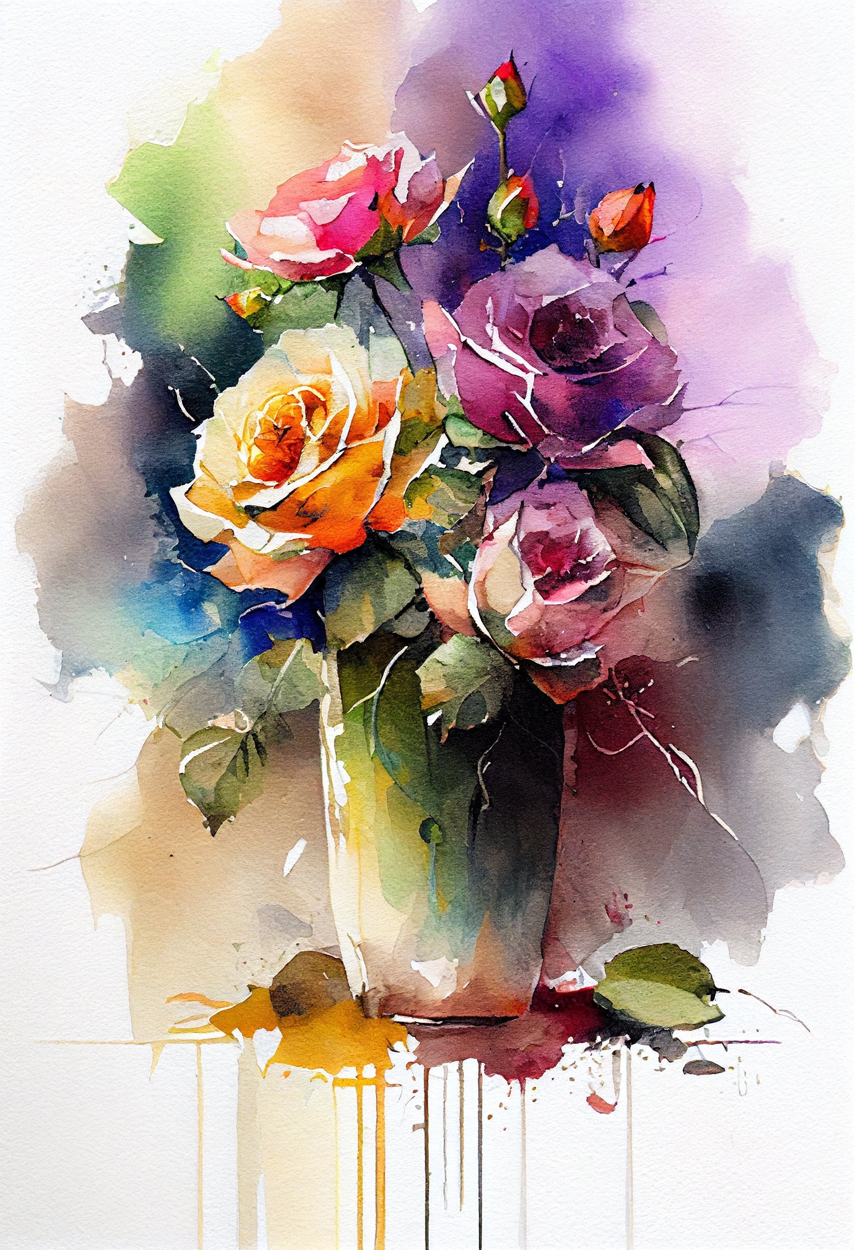 Multi Color Roses Bouquet - Flower Art Print - Botanical Watercolors ...