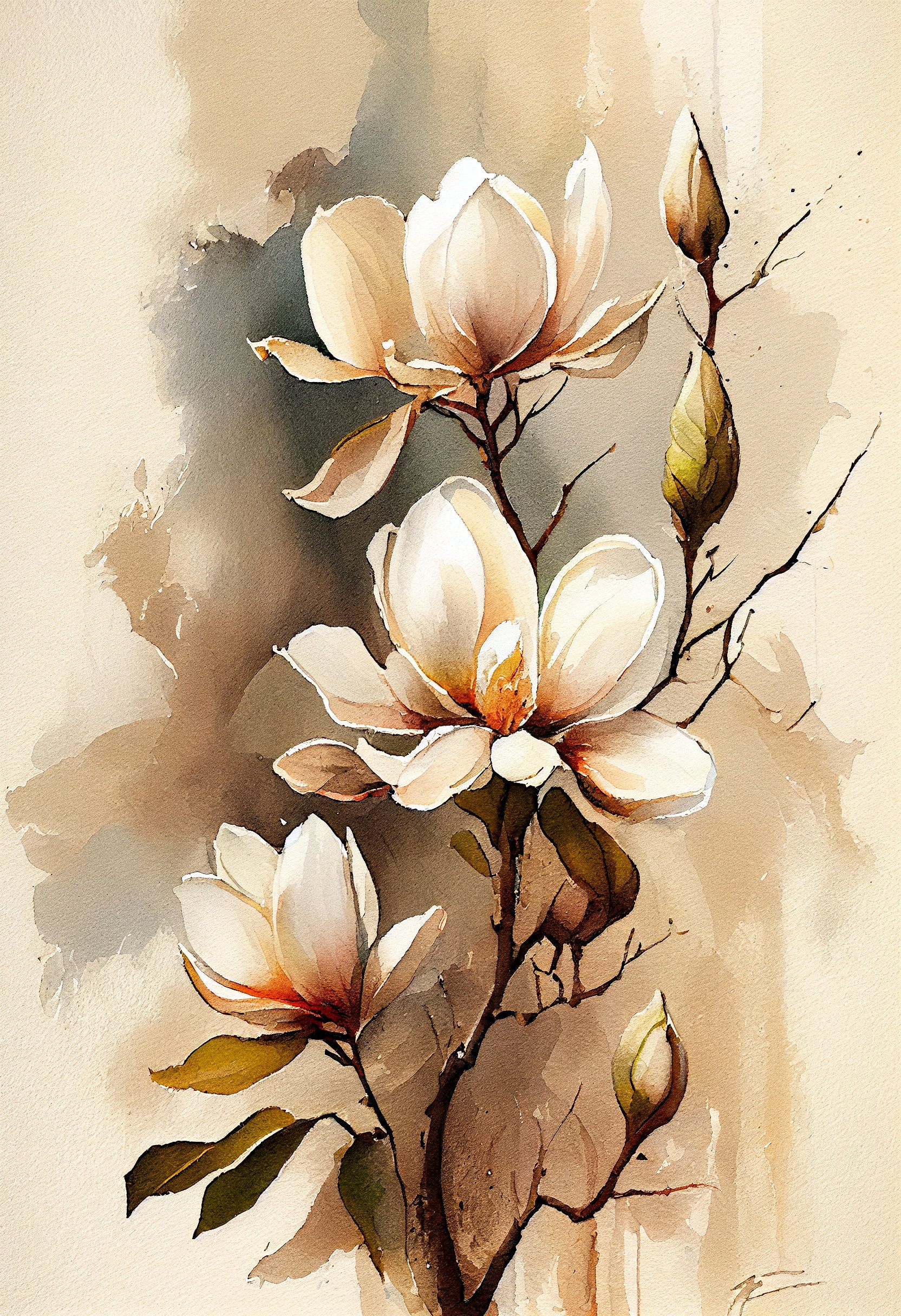 White Magnolia - Flower Art Print - Botanical Watercolors Illustration ...