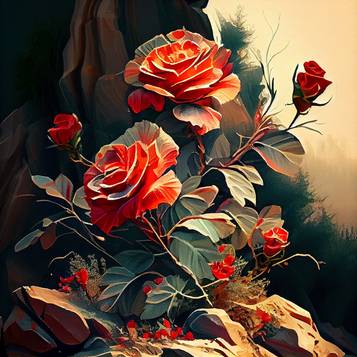 Red Roses Field - Flower Art Print - Botanical Watercolors Illustration ...