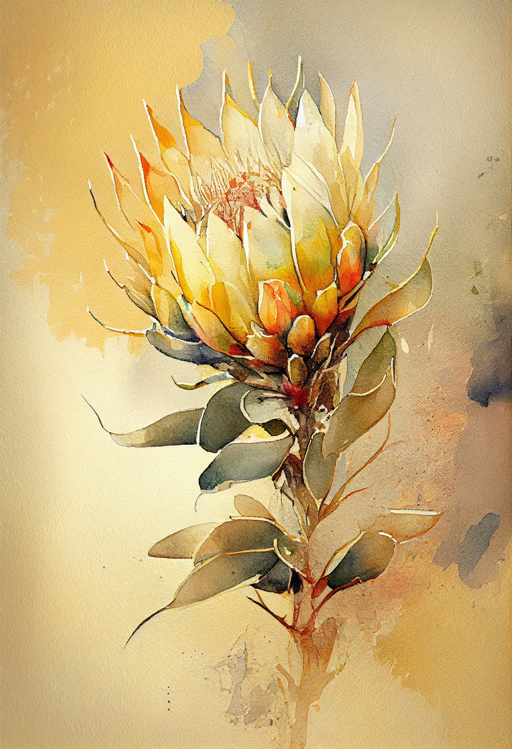 Yellow Protea - Flower Art Print - Botanical Watercolors Illustration ...