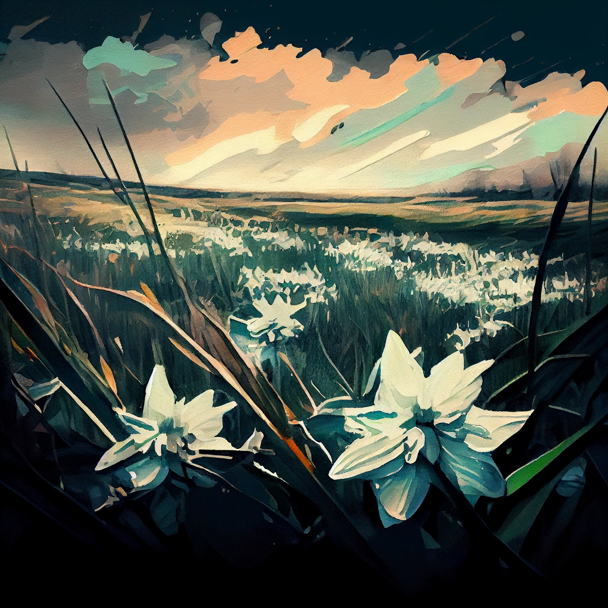 Lilies Field Landscape - Flower Art Print - Botanical Watercolors ...
