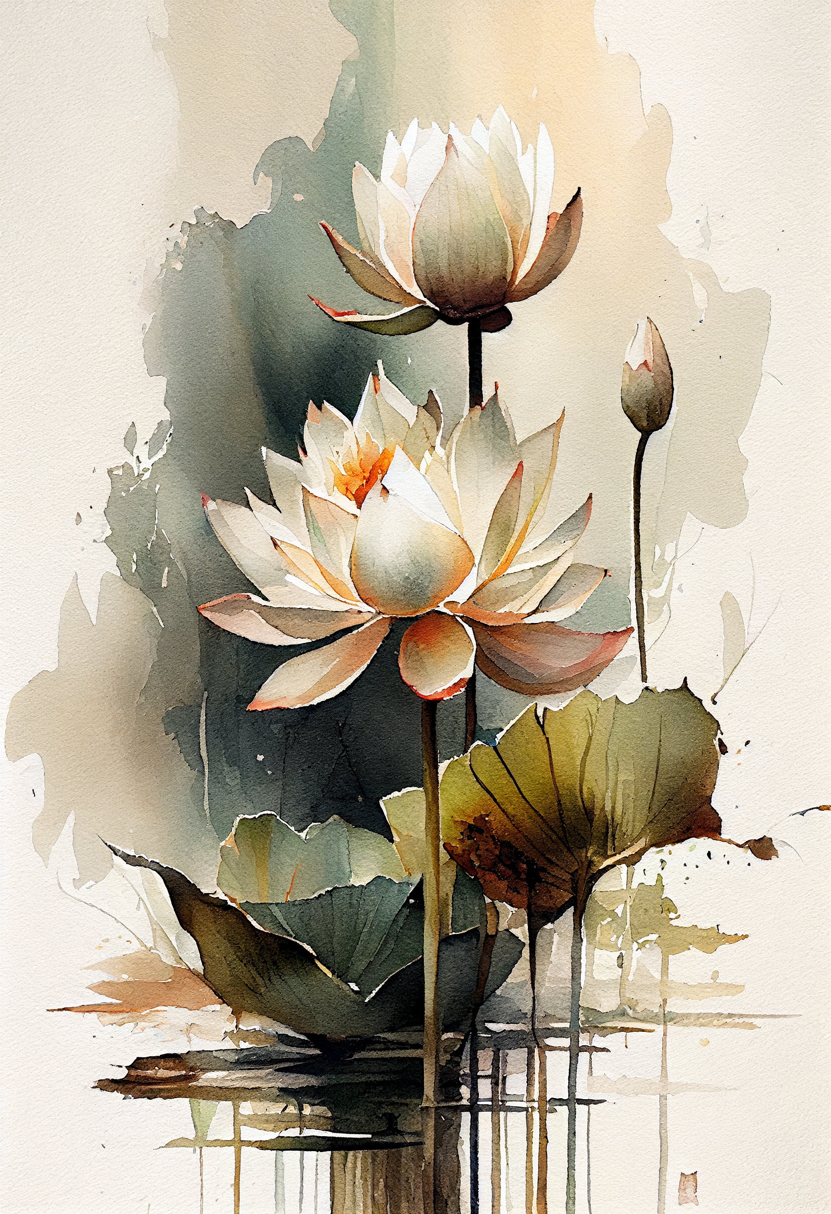 White Lotus Flower Art Print Botanical Watercolors Illustration Instant Digital Download