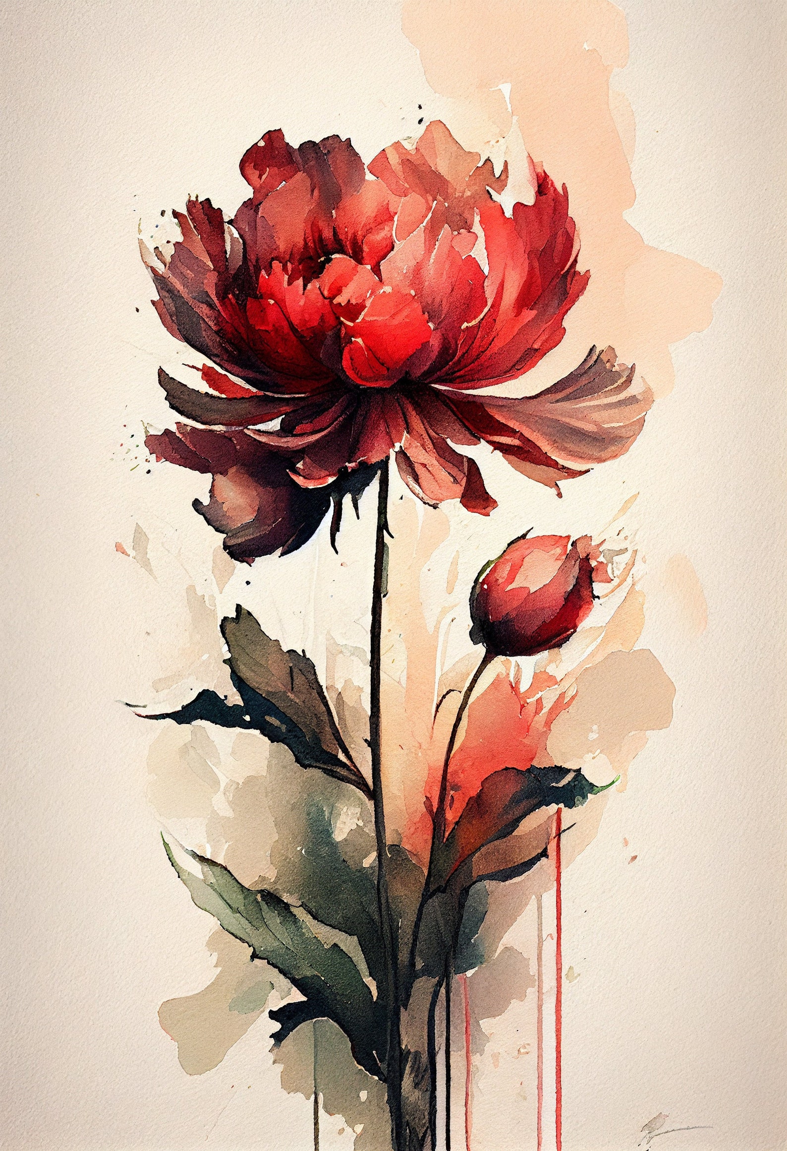 Red Peony - Flower Art Print - Botanical Watercolors Illustration ...
