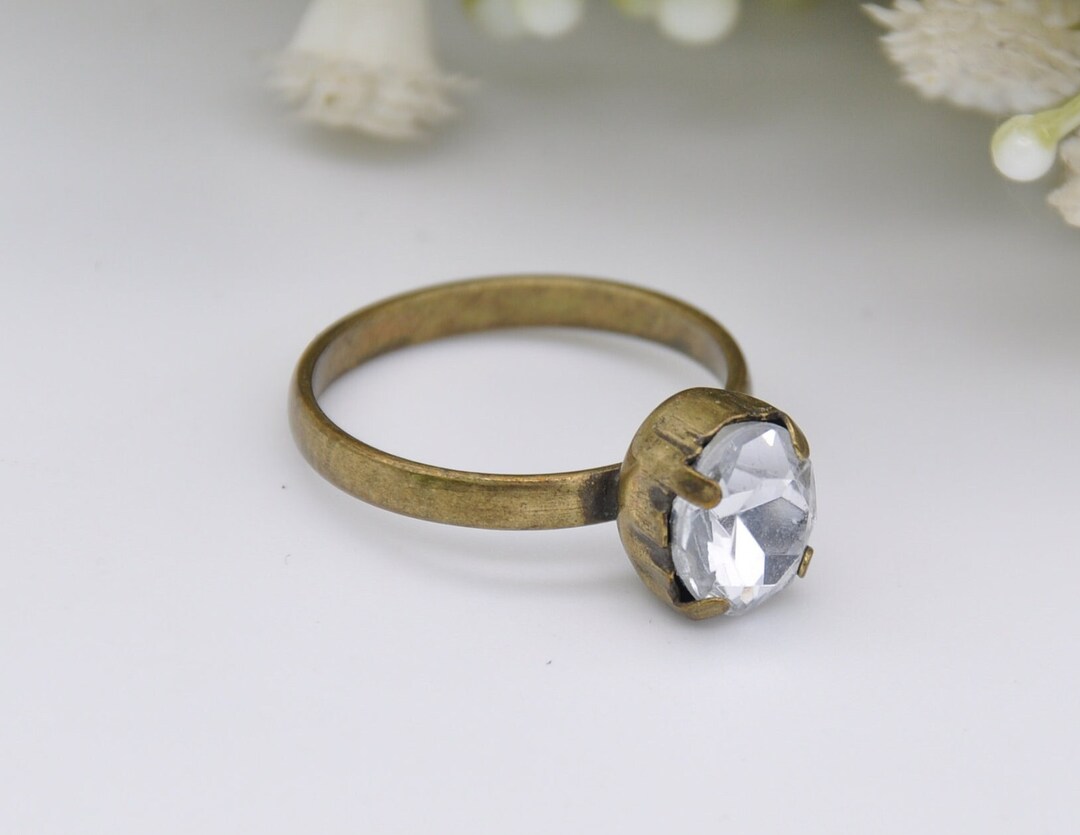 Vintage Clear Crystal Glass Ring Brass Solitaire Statement Costume ...