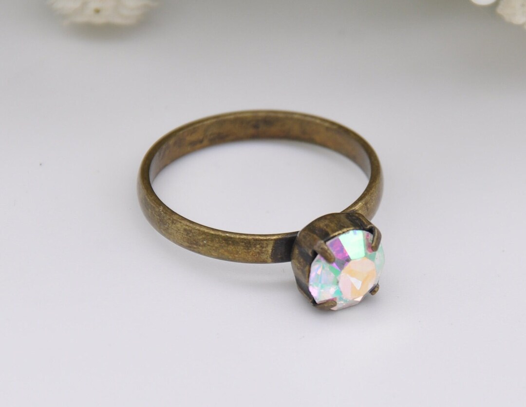 Vintage Aurora Borealis Crystal Glass Ring Brass Solitaire Statement ...