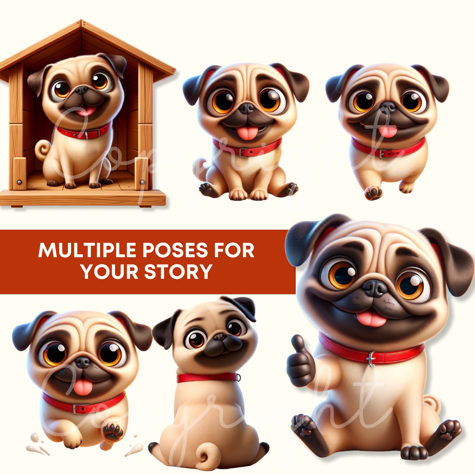 Adorable Pug Clipart Pack 40 Cute Pug Dog Poses for Storybooks, KDP ...