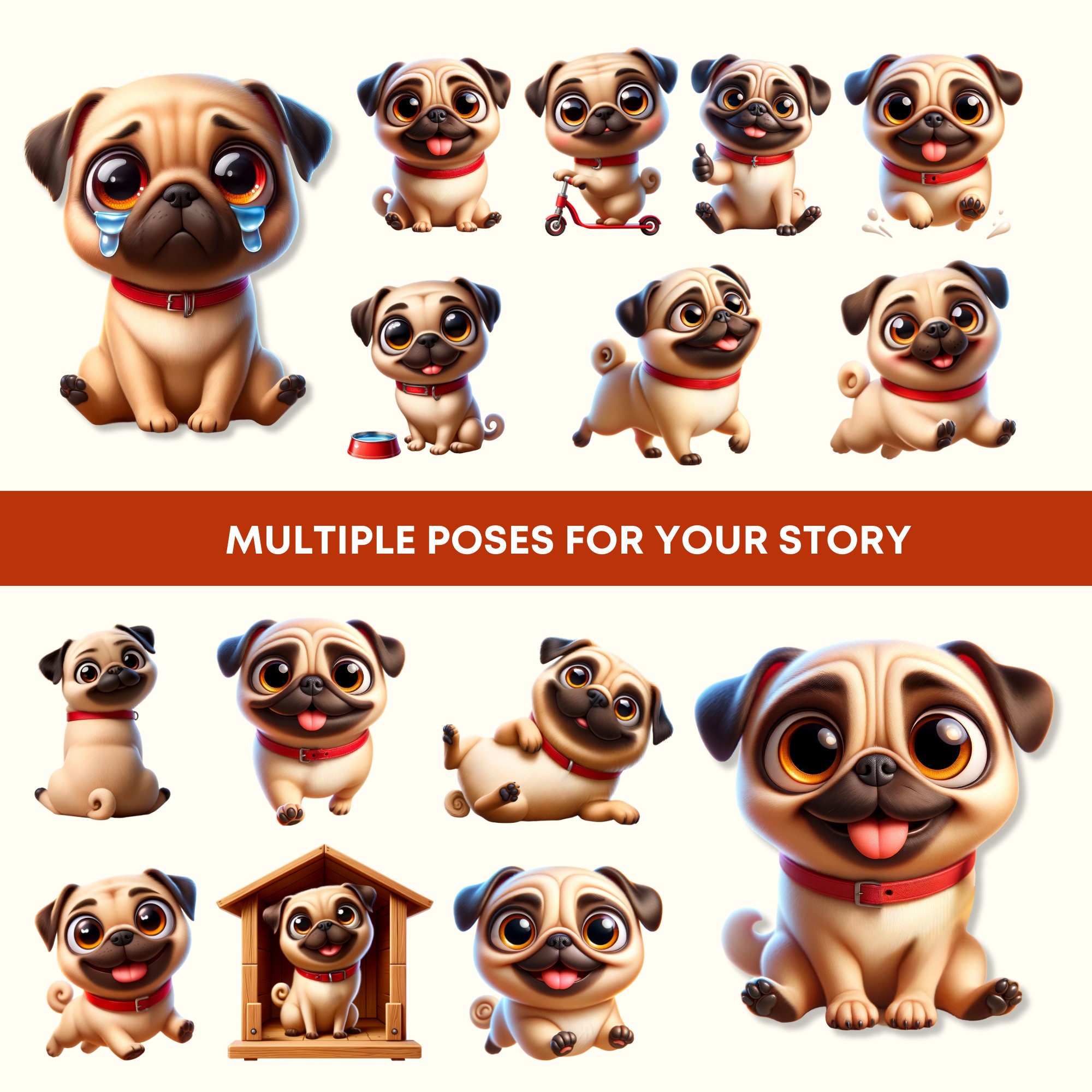Adorable Pug Clipart Pack 40 Cute Pug Dog Poses for Storybooks, KDP ...