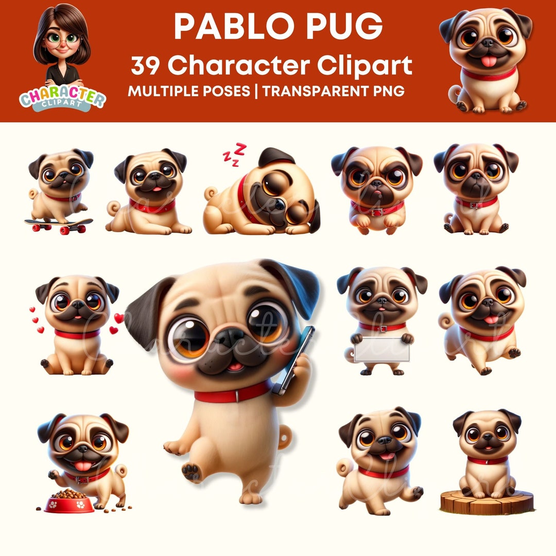 Adorable Pug Clipart Pack - 40 Cute Pug Dog Poses for Storybooks, KDP ...