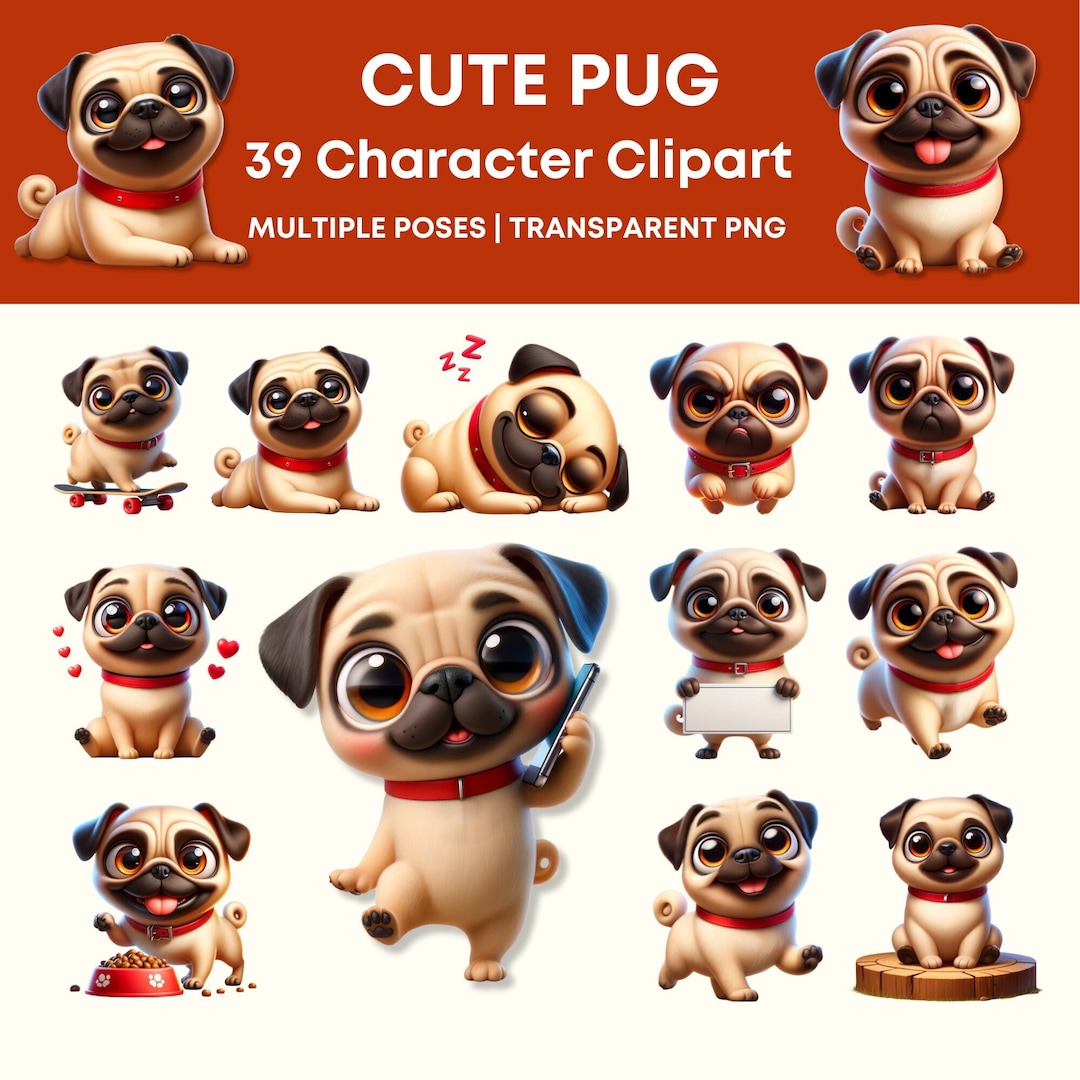 Adorable Pug Clipart Pack 40 Cute Pug Dog Poses for Storybooks, KDP ...