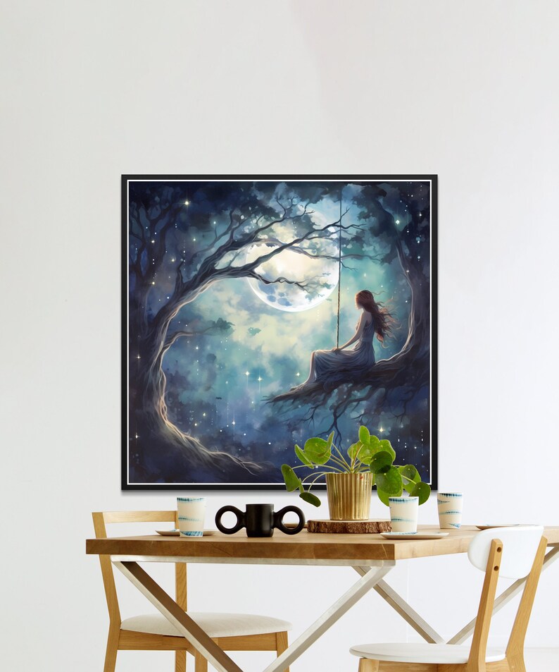 Enchanted Forest Digital Art, Moonlit Night Swing, Mystical Trees, Fantasy Landscape, Printable ...
