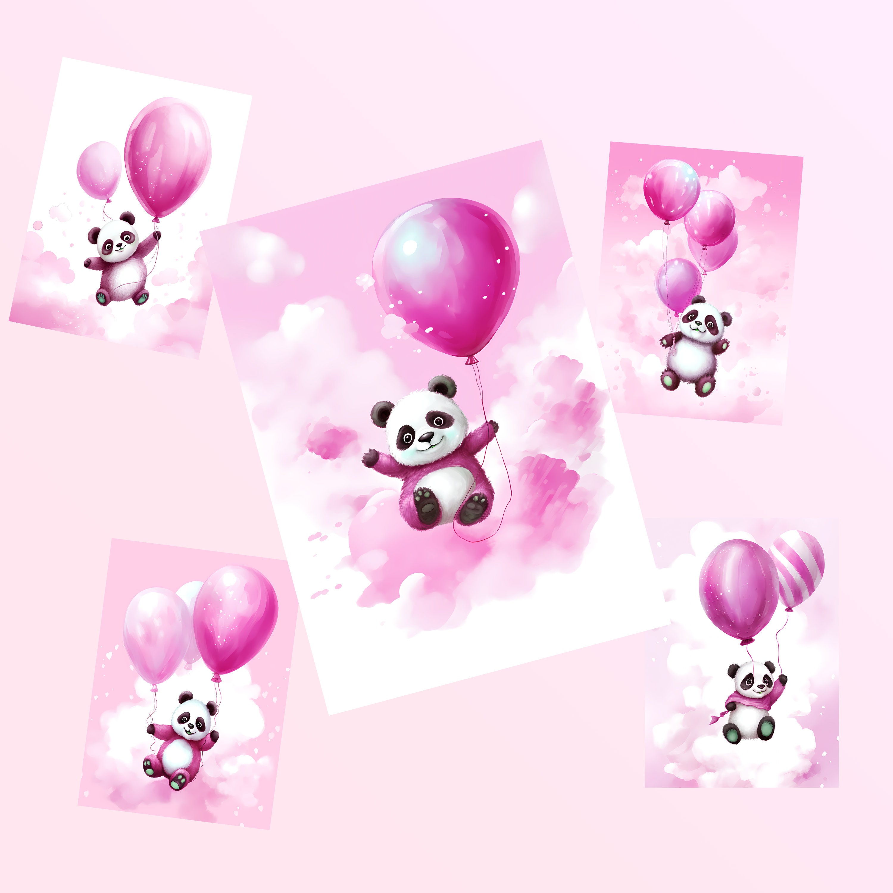 Bundle, Pink Baby Panda With Balloons , 5 Different Designs, Printable ...