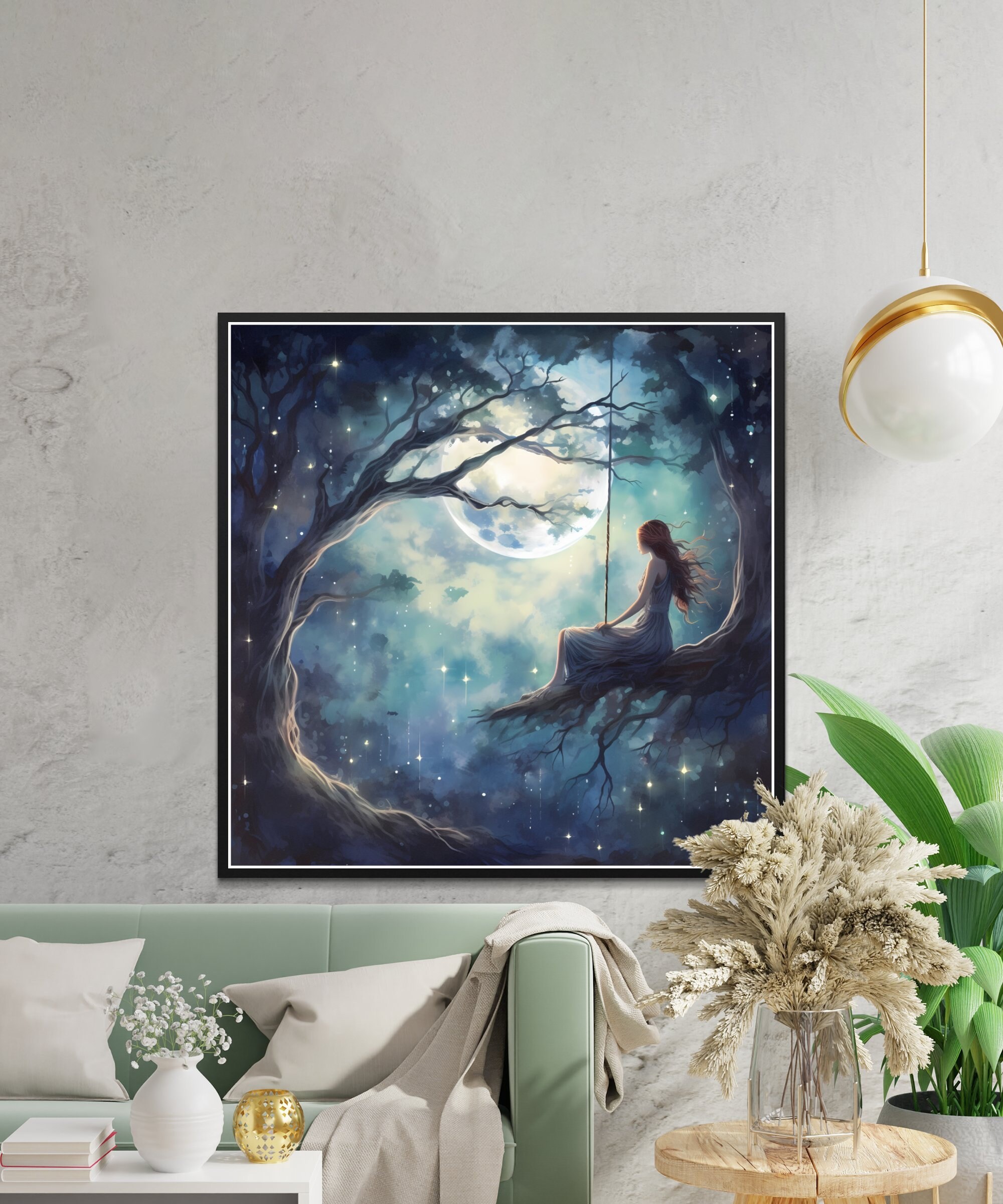 Enchanted Forest Digital Art, Moonlit Night Swing, Mystical Trees ...