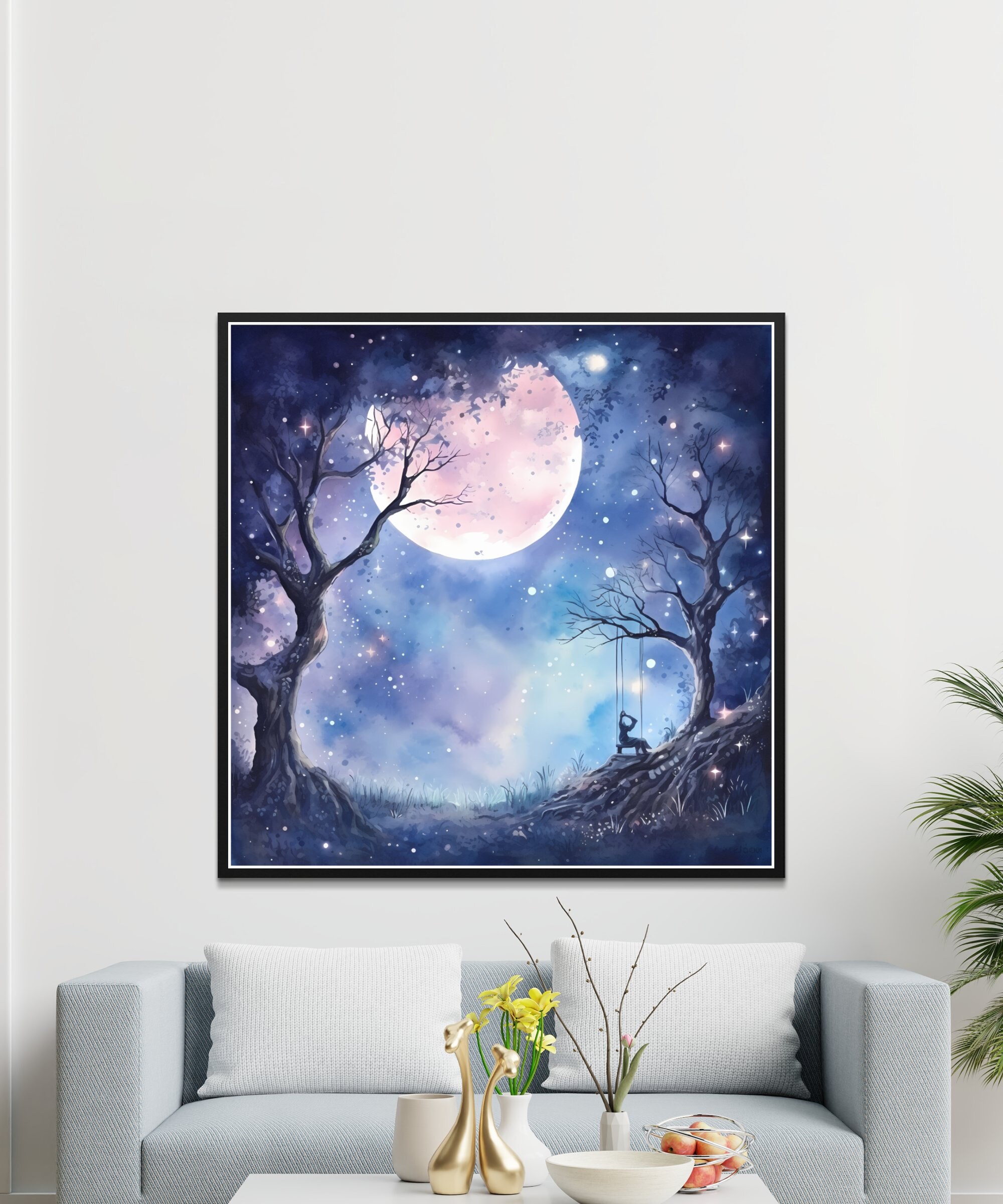 Enchanted Night Sky Digital Print, Whimsical Moon Artwork, Fantasy ...