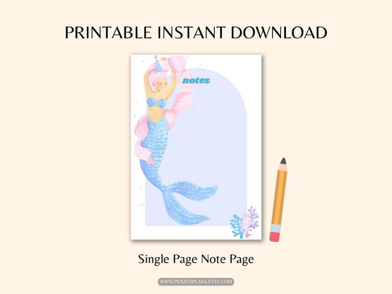 Single Page Mermaid Note Paper, 1 Printable Page, Sea Theme ...