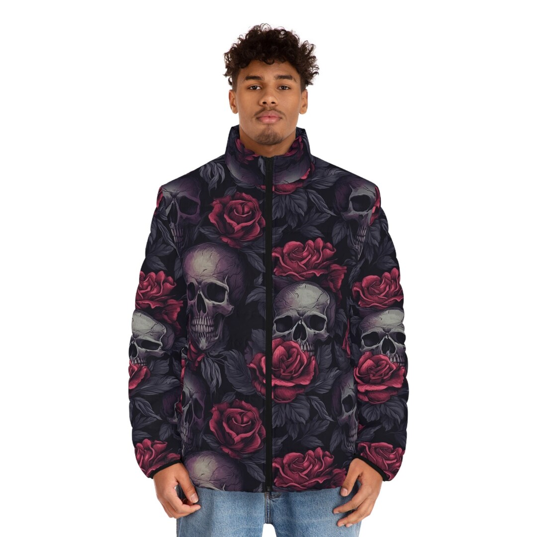 Men's Black Skull and Roses Puffer Jacket - Etsy