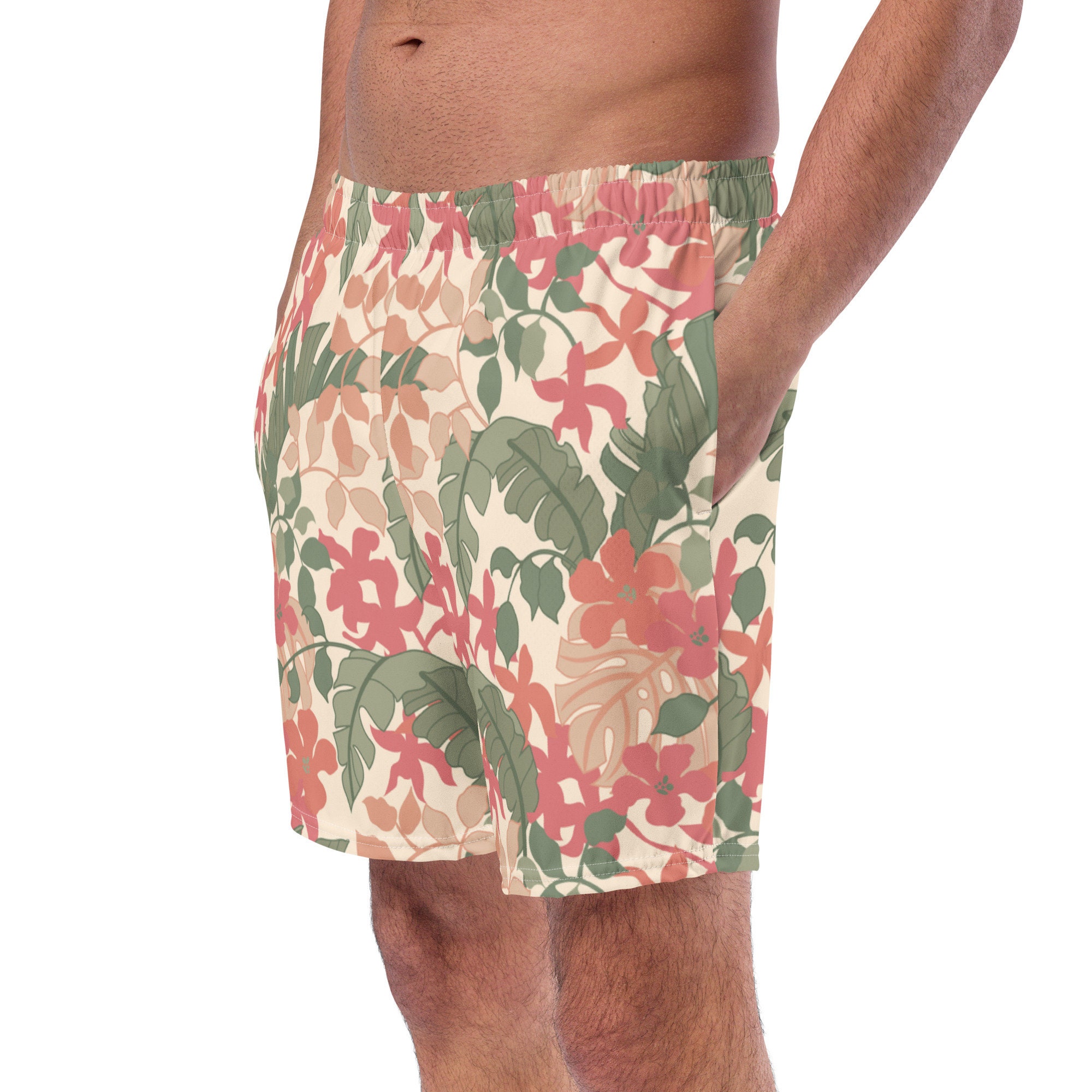 His and Hers Couples Swimsuits Peach Floral Print Bikini Set and Swim ...