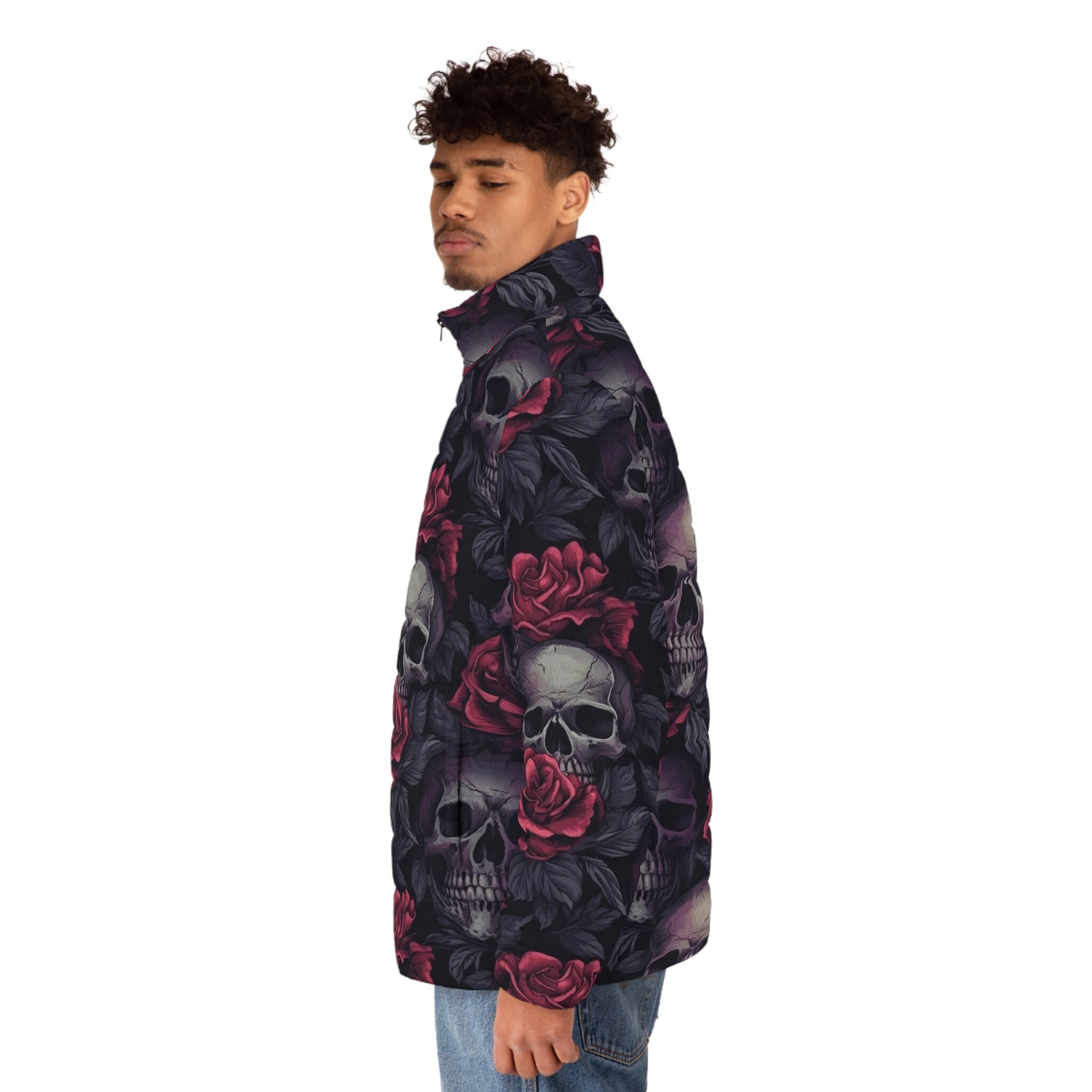 Men's Black Skull and Roses Puffer Jacket - Etsy