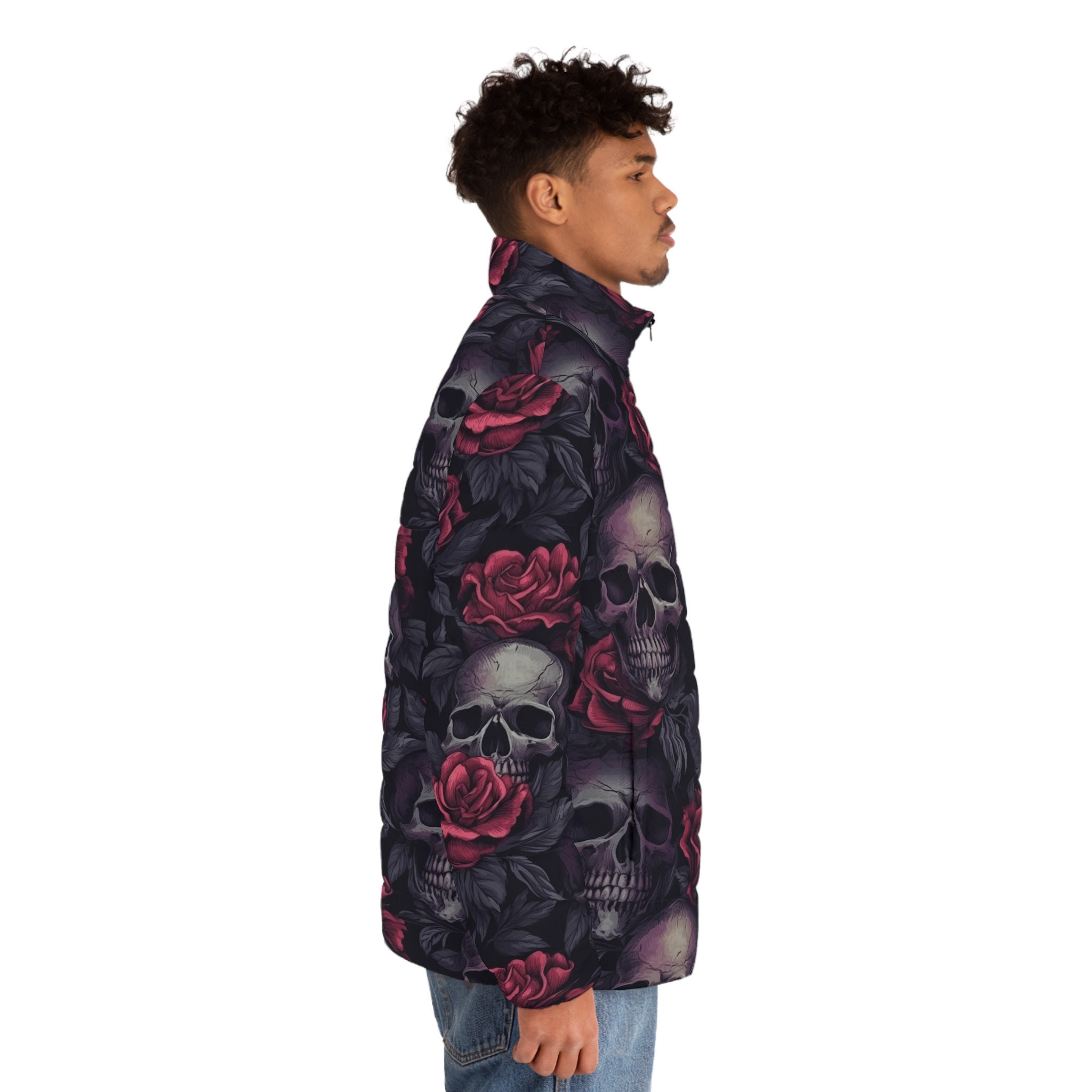 Men's Black Skull and Roses Puffer Jacket - Etsy