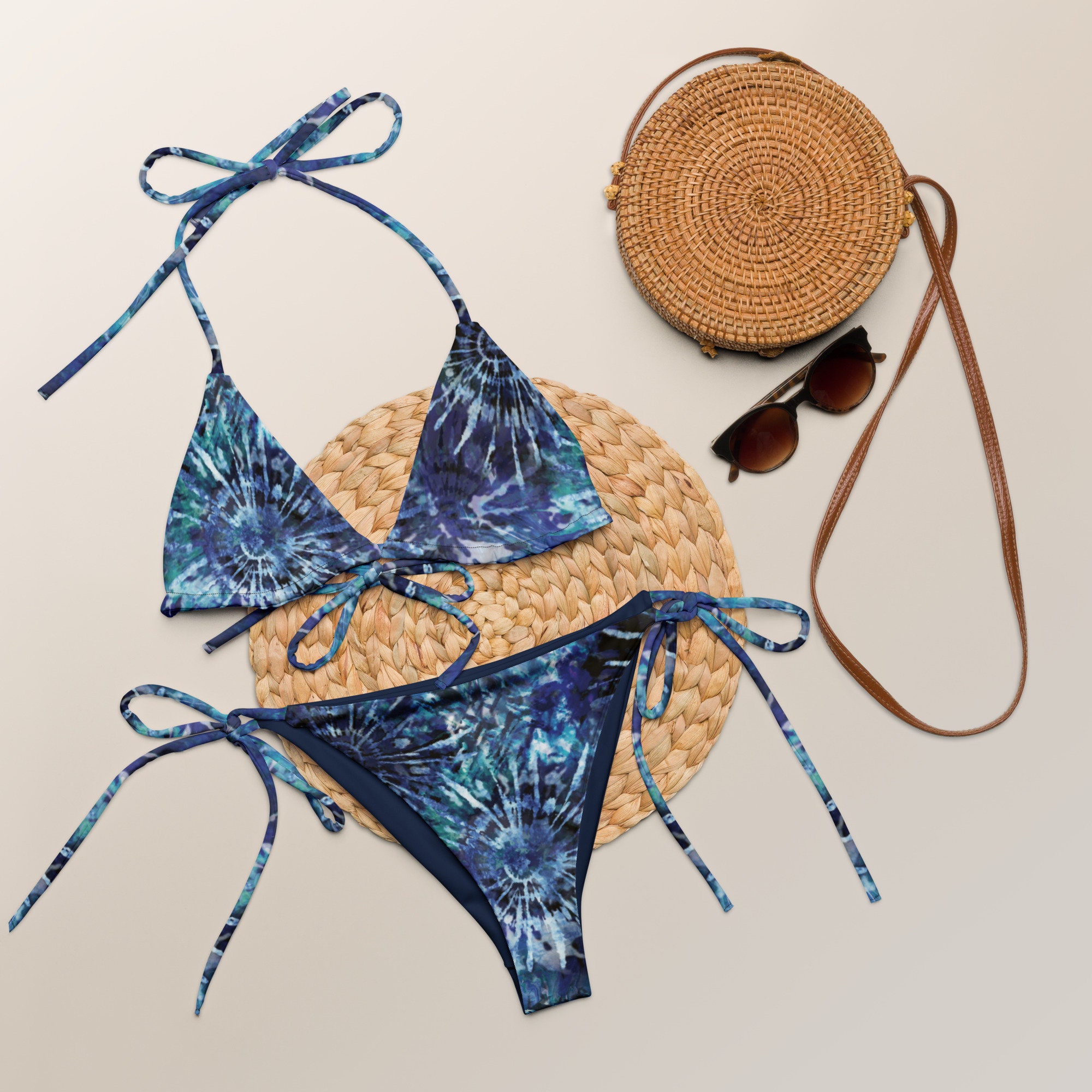 His and Hers Couples Swimsuits Navy Tie-dye Print String Bikini Set and ...