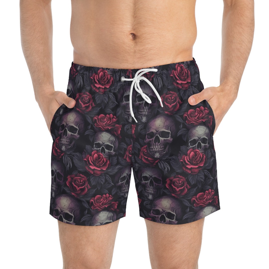 Skulls and Roses Dark Gray and Pink Swim Trunks - Etsy