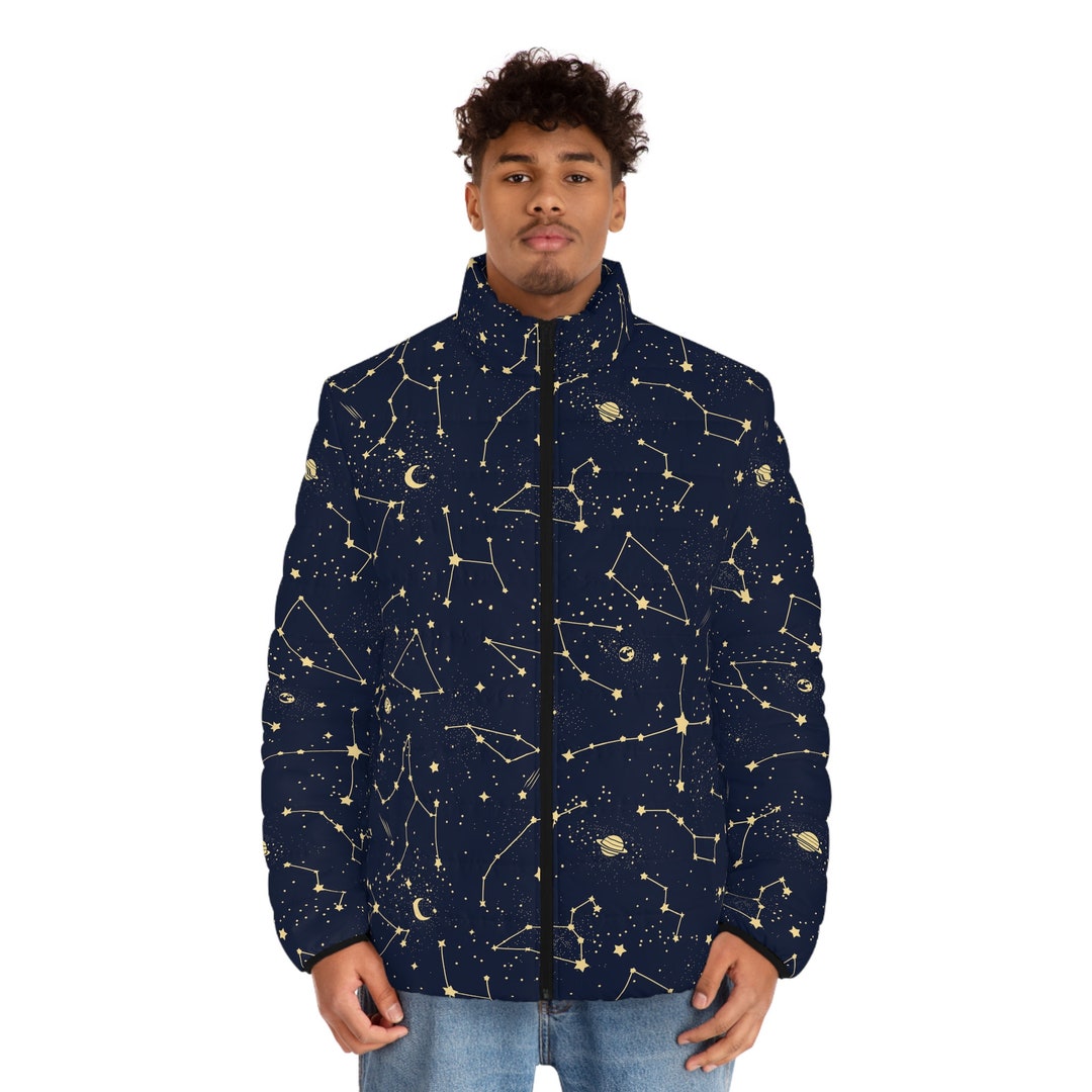 Men's Constellations Space Print Navy Blue Puffer Jacket - Etsy