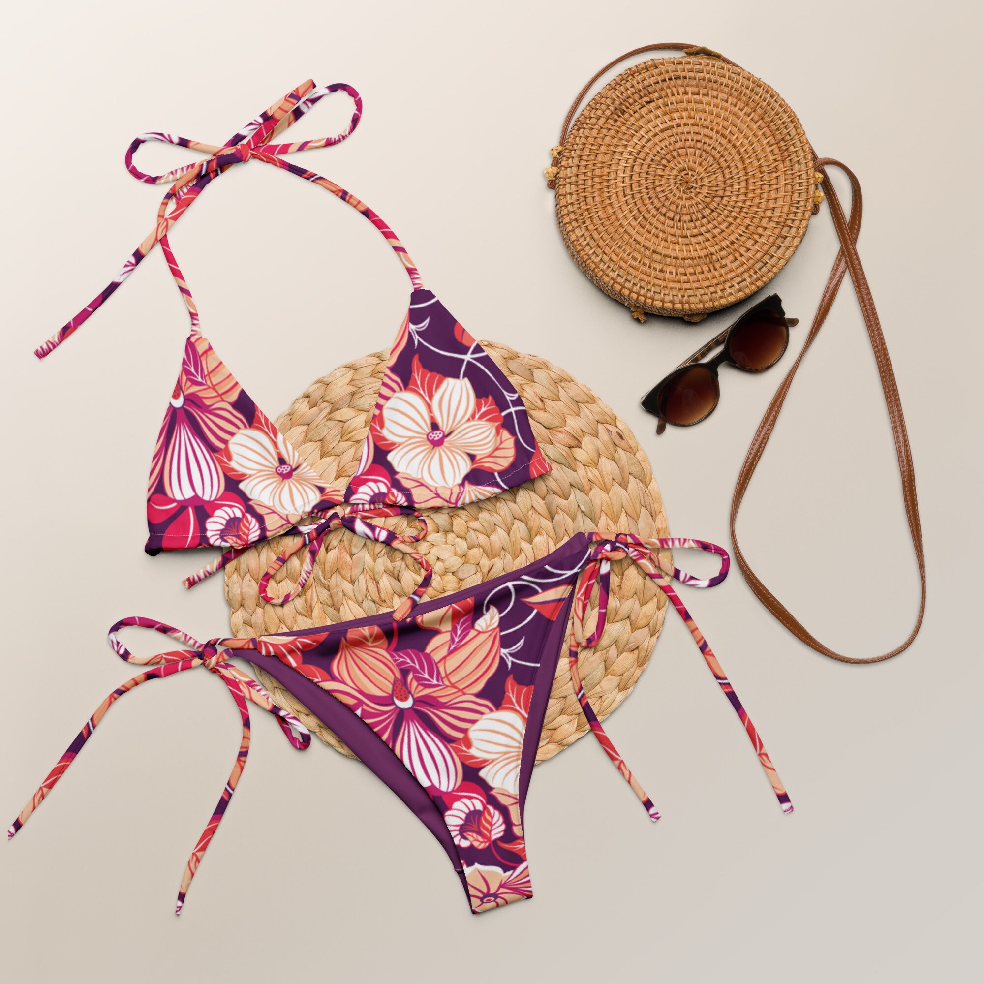 His and Hers Couples Swimsuits Pink Floral String Bikini Set and Swim ...