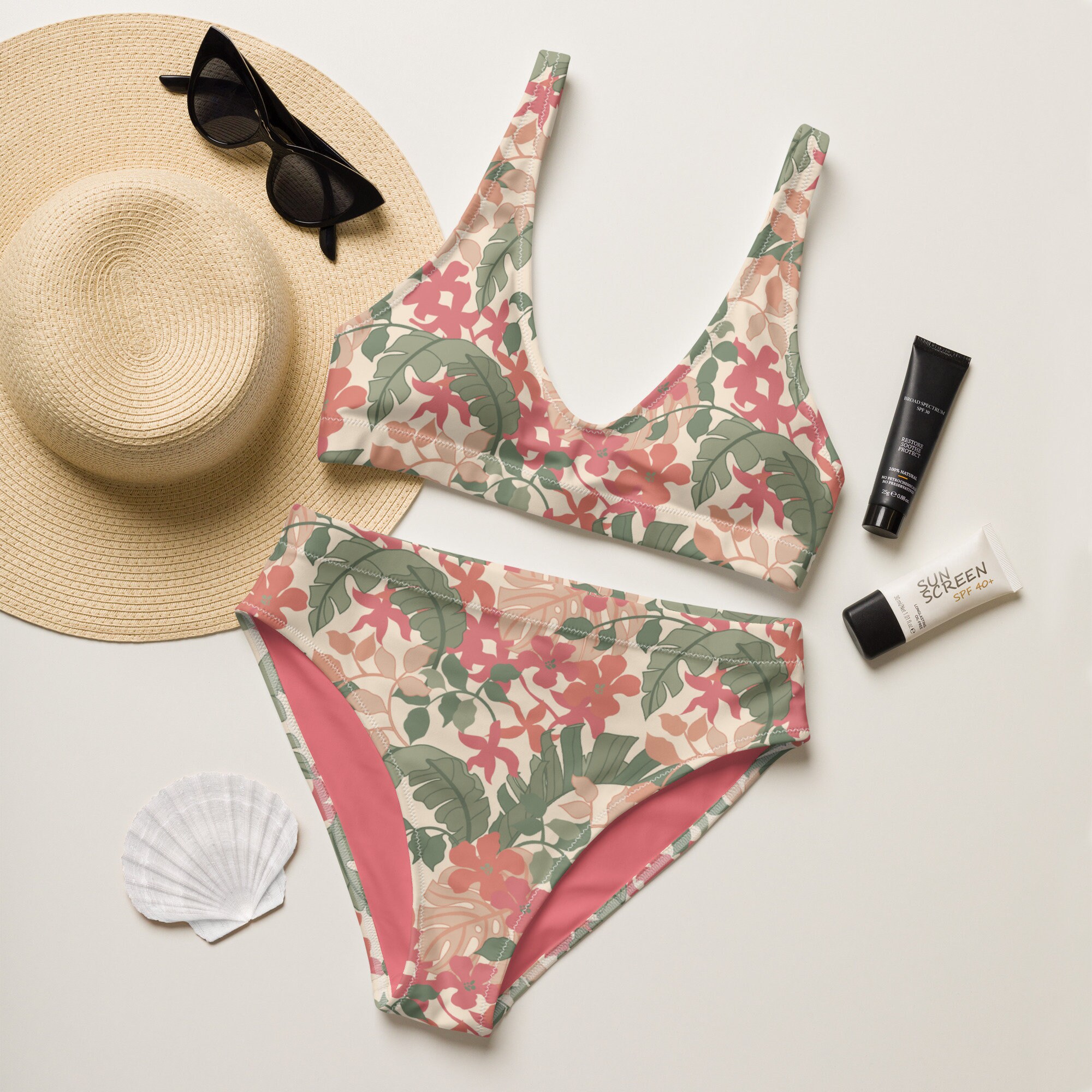 His and Hers Couples Swimsuits Peach Floral Print Bikini Set and Swim ...