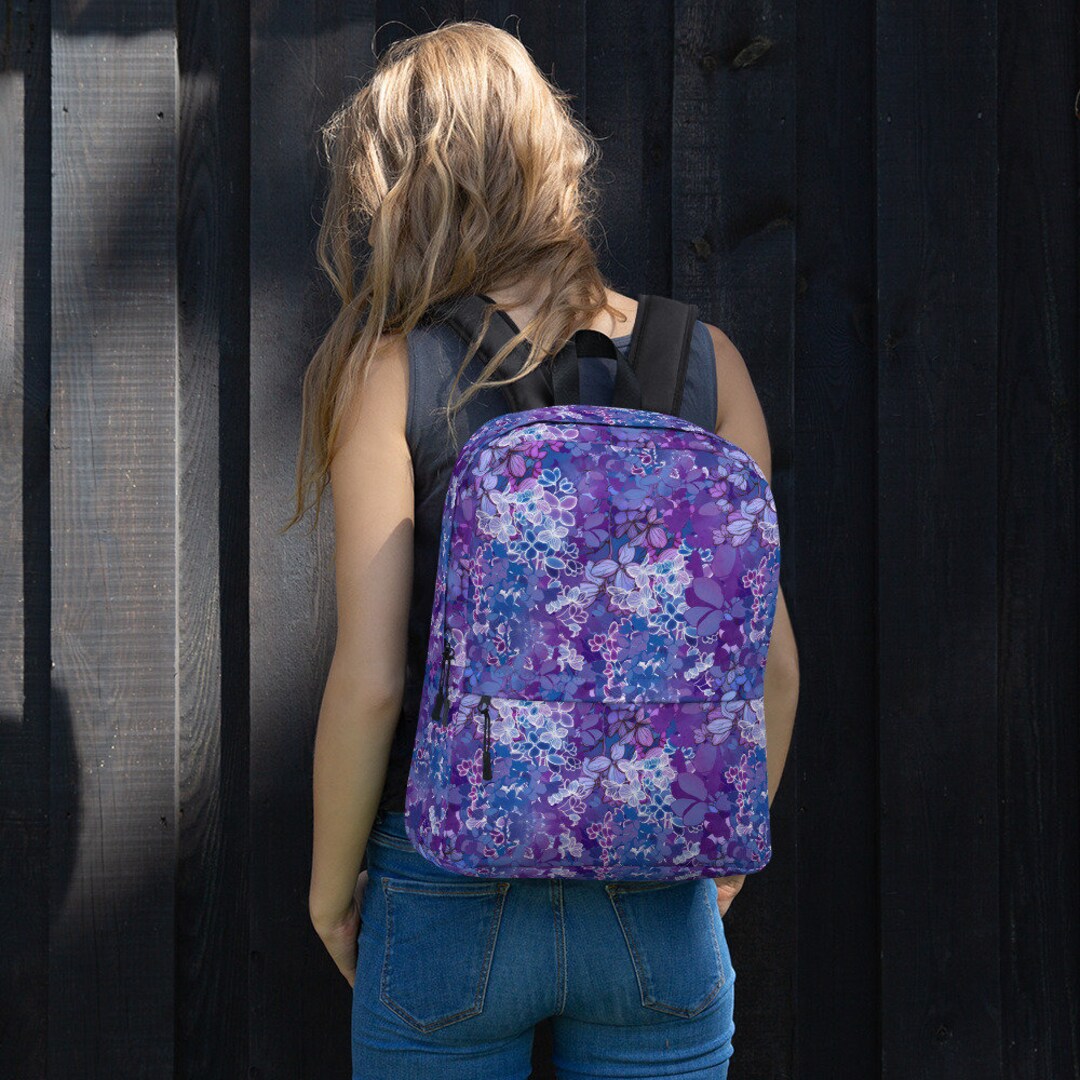 Backpack Purple and Blue Floral Print Medium Sized - Etsy