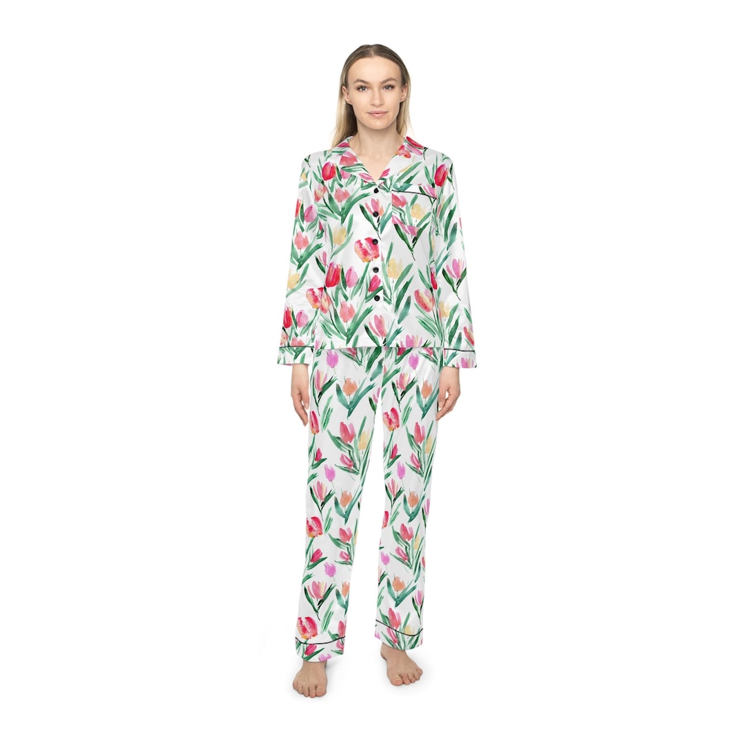 Women's Tulip Print Pink and White Satin Pajamas - Etsy