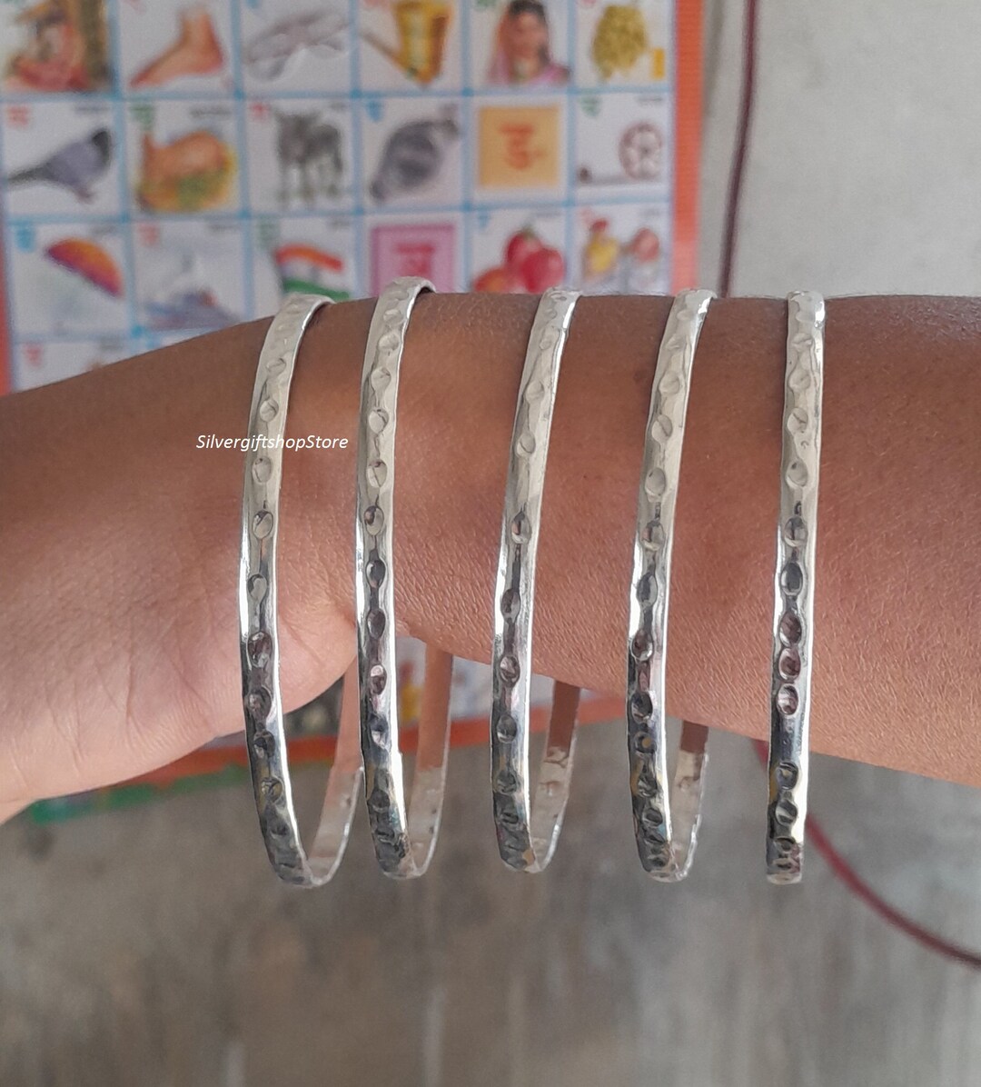 Set of 5 Bangles, 925sterling Silver Hammered Bangles, Semanario ...