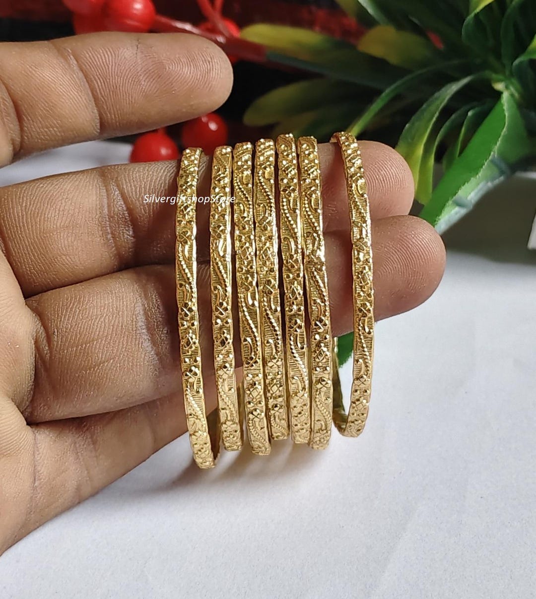 Handmade 18K Gold Plated Sterling Silver Bangle Set: Textured Stacking ...