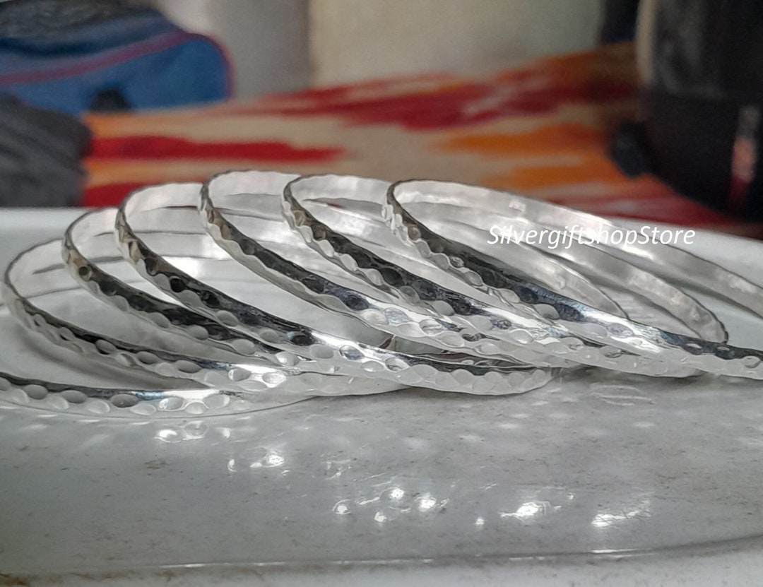 925 Sterling Silver Hammered Bangles, Set of 7 Bangles for Women, Half ...