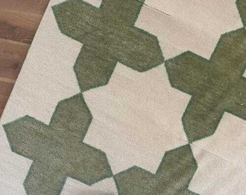 Hand-knotted Geometric Green Cross Area Rug – Soft Modern Carpet for ...