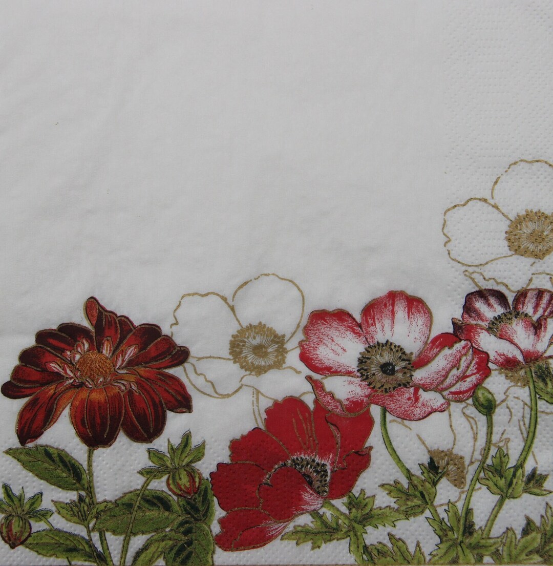 Red Poppy Paper Napkins, Golden Accents, Decoupage Craft (2 or 4 Pcs ...