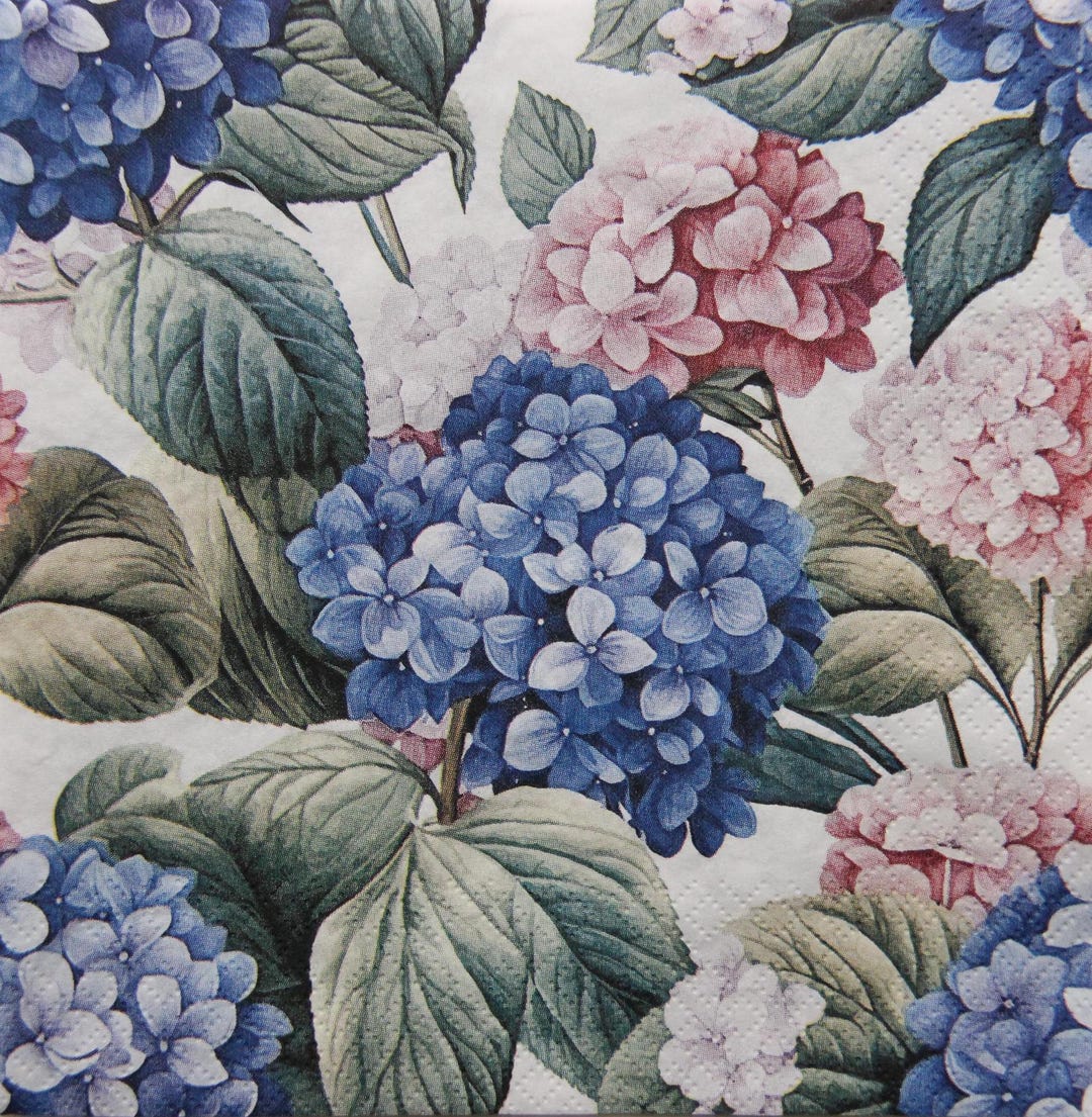 2 or 4 Pcs Decoupage Paper Napkins, Blue & Pink Hydrangeas on White ...