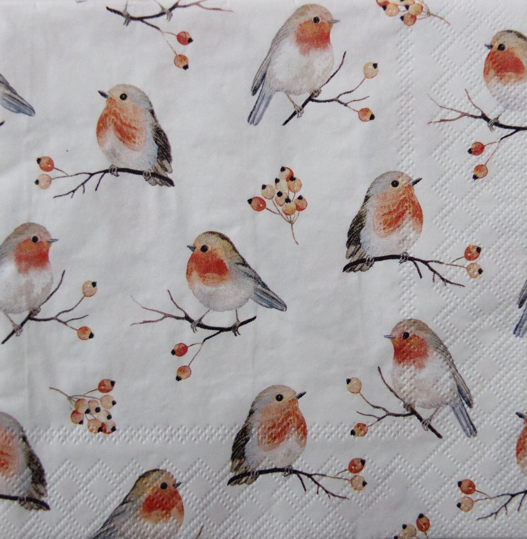 Robin Bird Paper Napkins, Rose Hip Branches, Winter Decoupage (2 or 4 ...