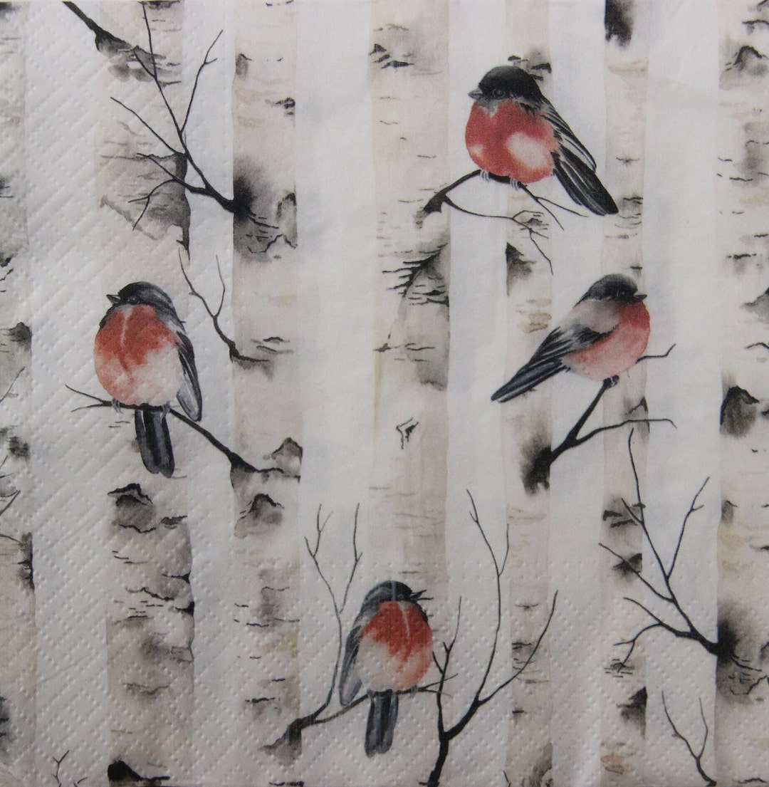 2 or 4 Pcs Paper Napkins for Decoupage, Robin Birds on Birch Trunk ...