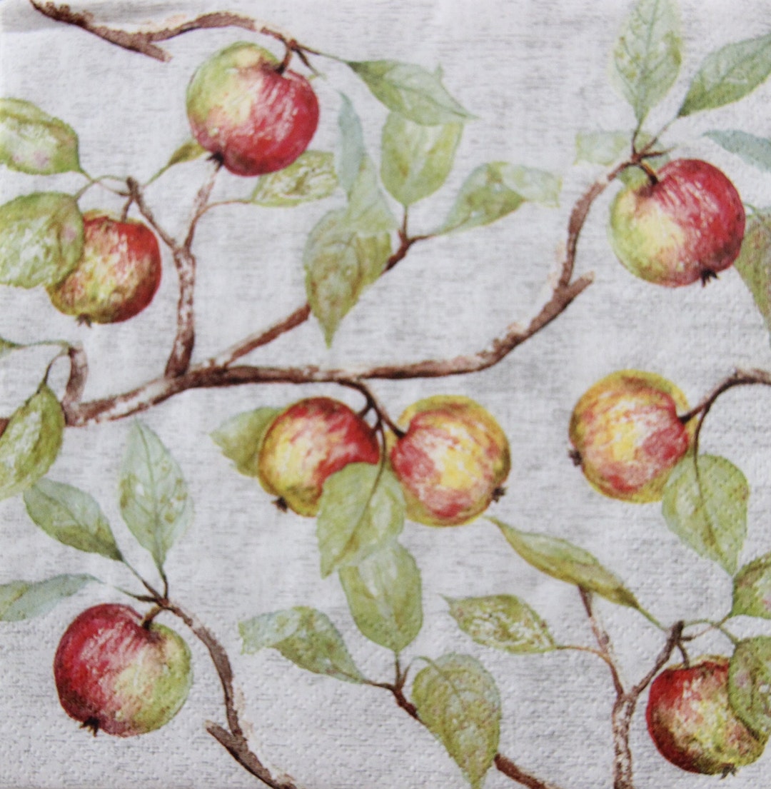 2 or 4 Pcs Paper Napkins for Crafting , Apples Twigs on Light Gray ...