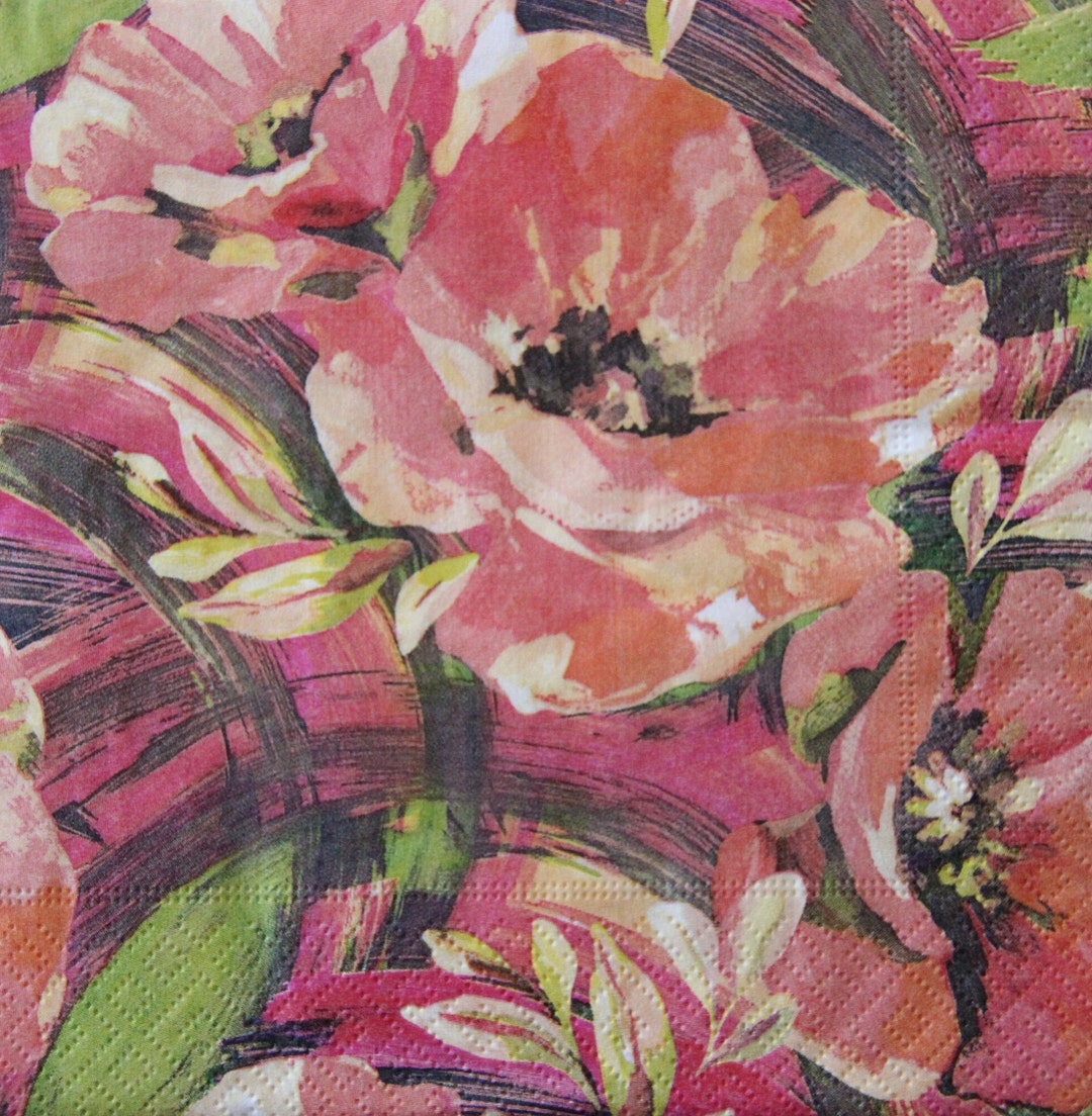 2 or 4 Pcs Paper Napkins for Craft , Painted Poppies and Brush Strokes ...