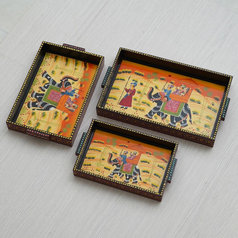 Handcrafted Wooden Rajasthani Set of 3 Handpainted Tray for Home Décor ...